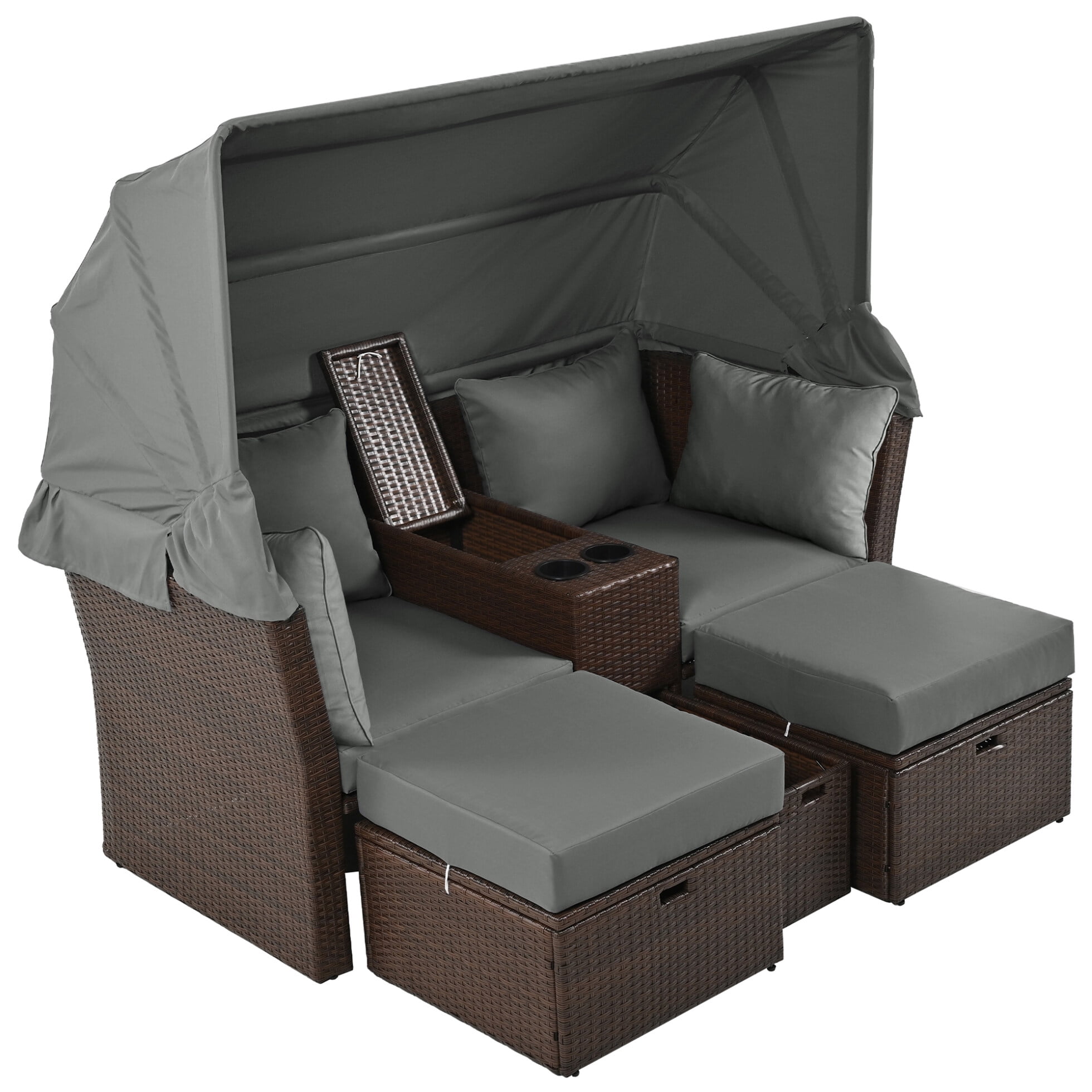 Double Patio Chaise Lounge with Foldable Canopy, Outdoor 2 Seat ...
