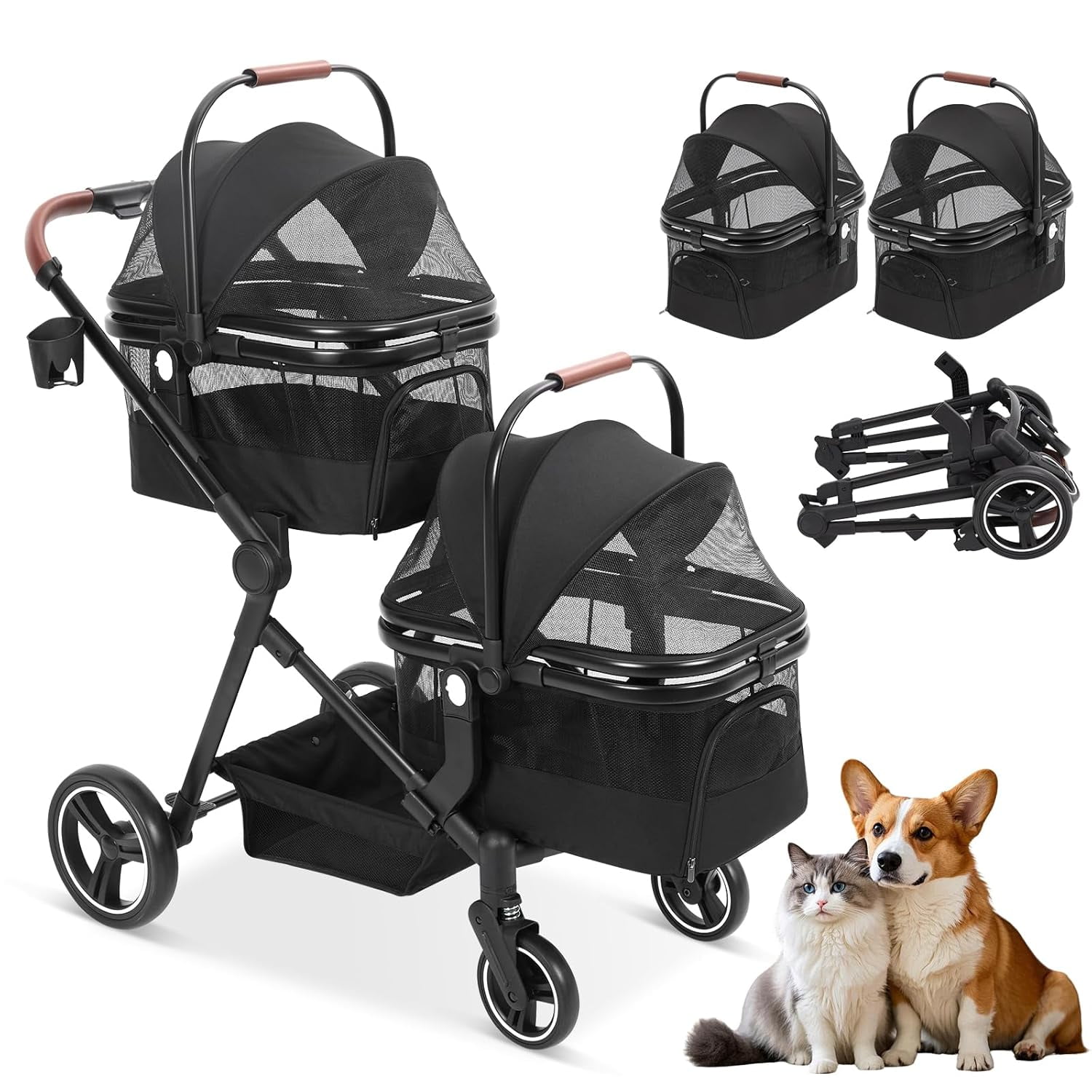 Double Pet Stroller with 2 Detachable Carriers 4 Wheels, Lightweight ...
