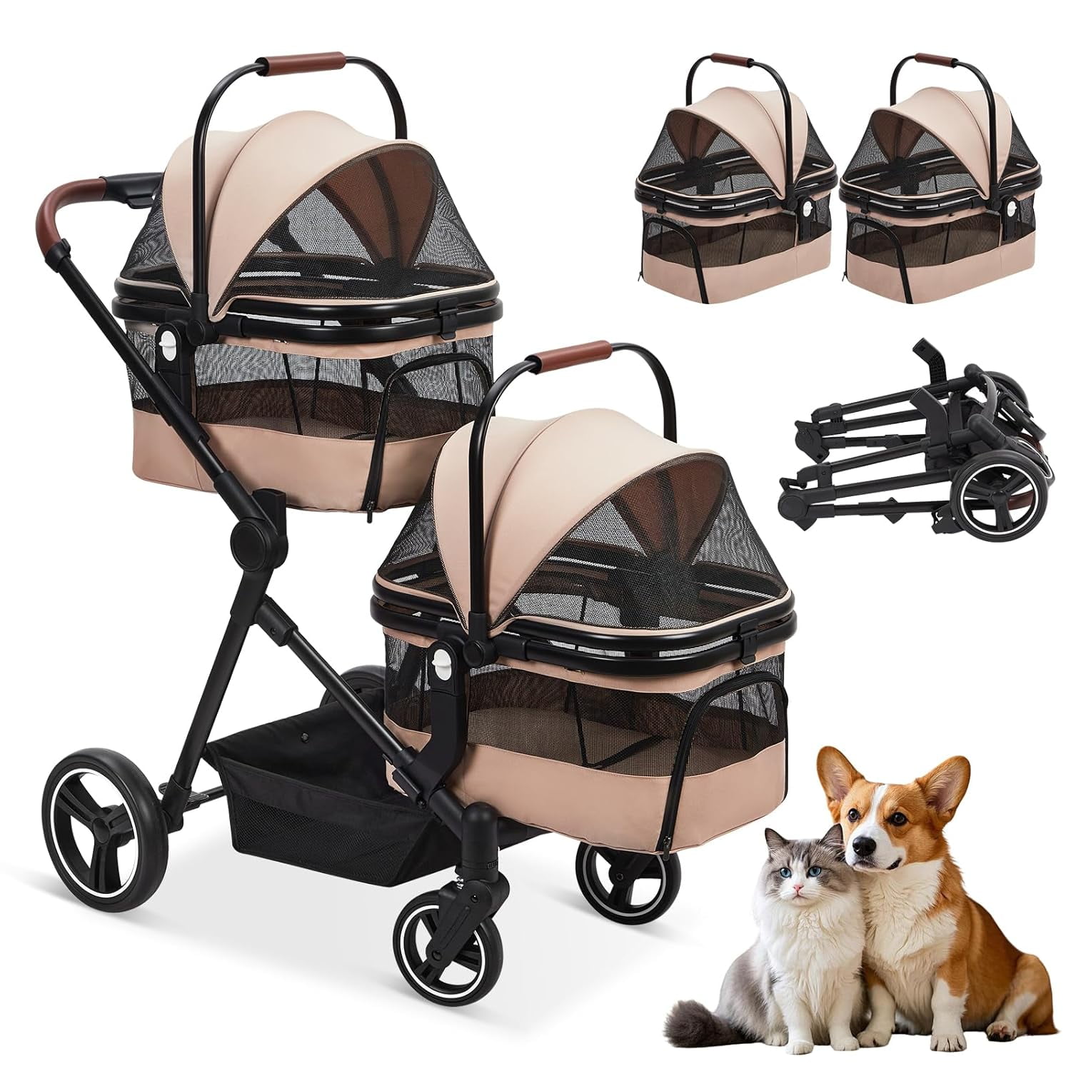 Double Pet Stroller with 2 Detachable Carriers 4 Wheels, Lightweight ...