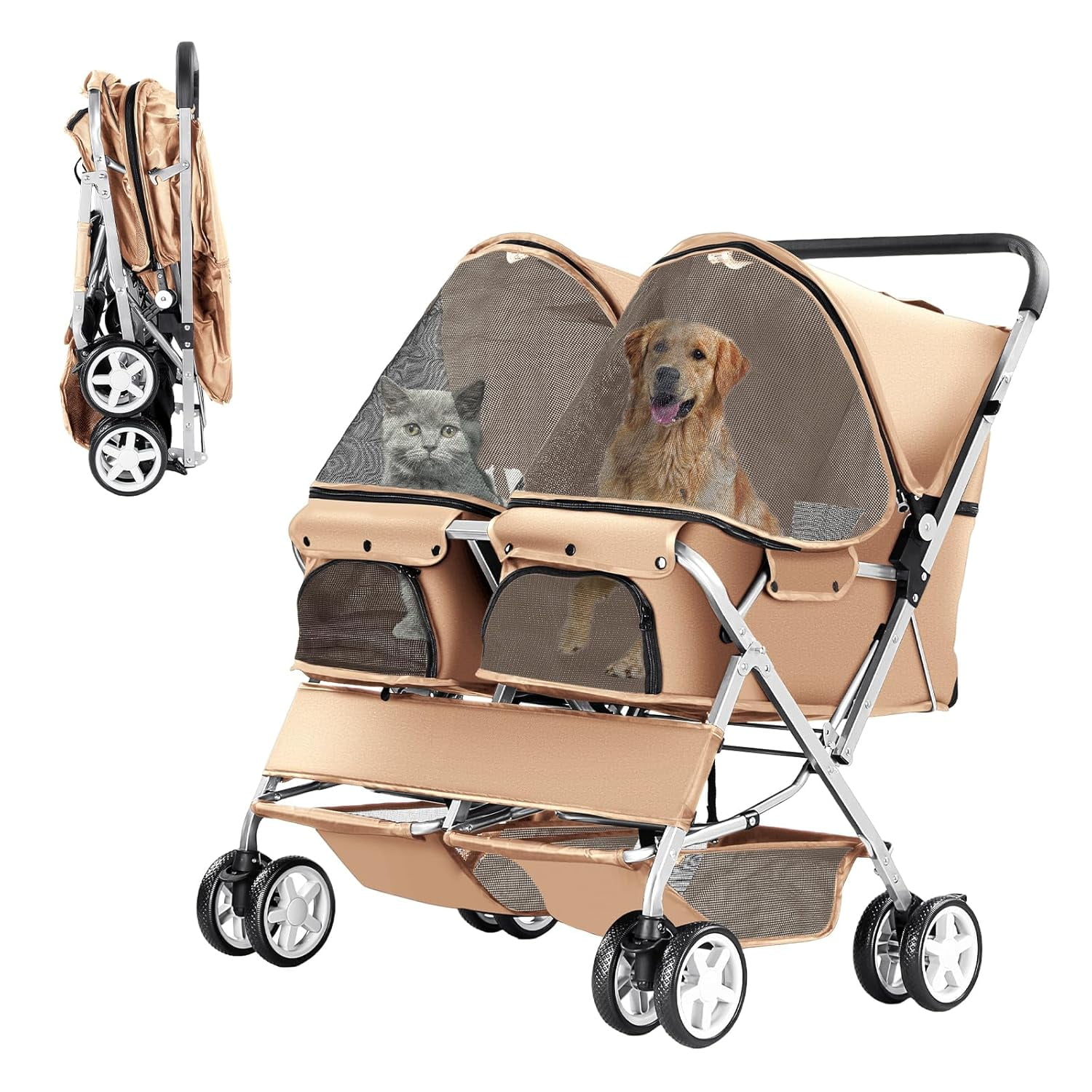 Double Pet Stroller, Foldable Stroller for 2 Dogs & Cats, Two-Seater ...