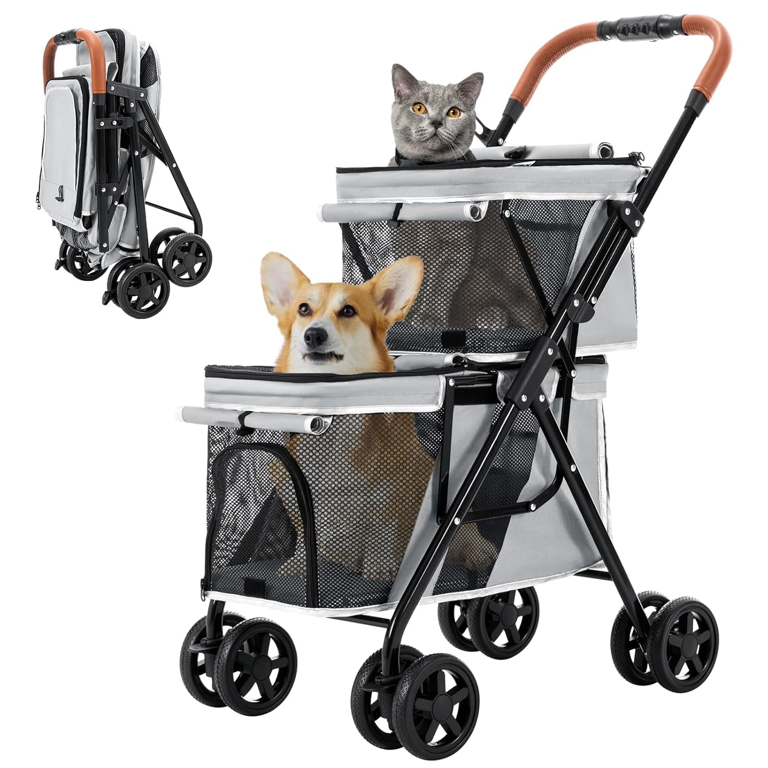 Double Pet Stroller, Foldable Stroller for 2 Dogs & Cats, Two-Seater ...