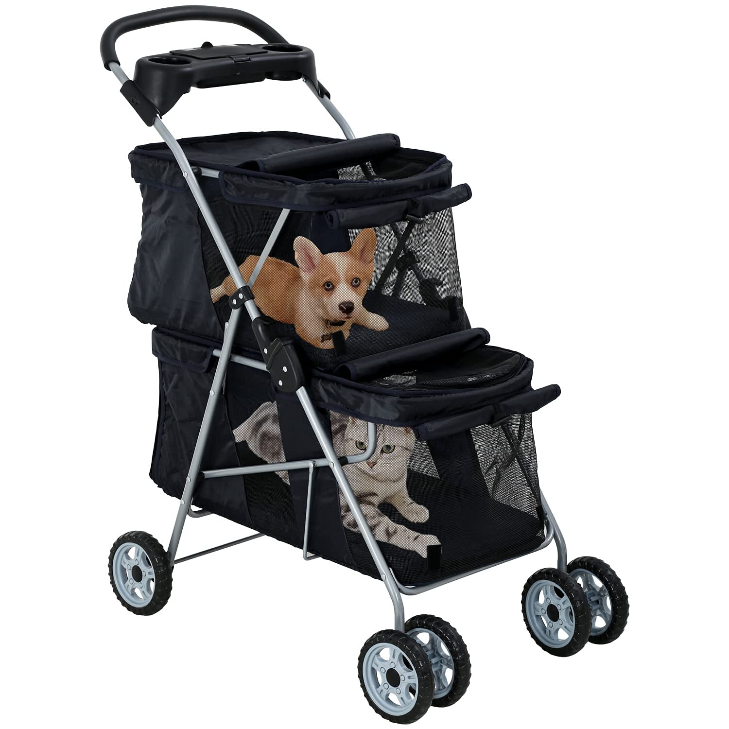 Double Pet Stroller for Cats & Dogs - 4 Wheels, Lightweight, Waterproof for Travel & City Walk ...