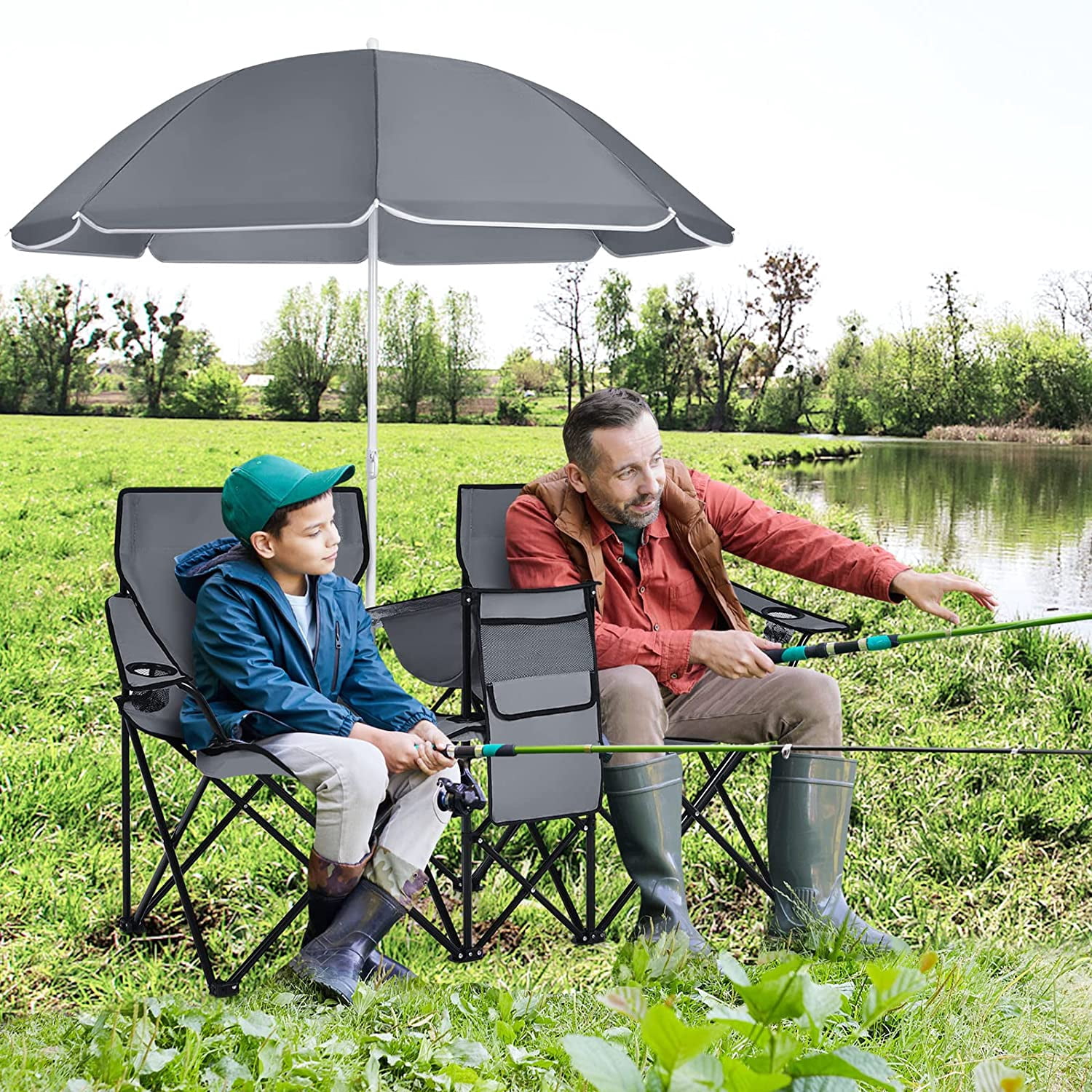 Double Portable Picnic Chairs, Folding Camping Chairs w/Detachable ...