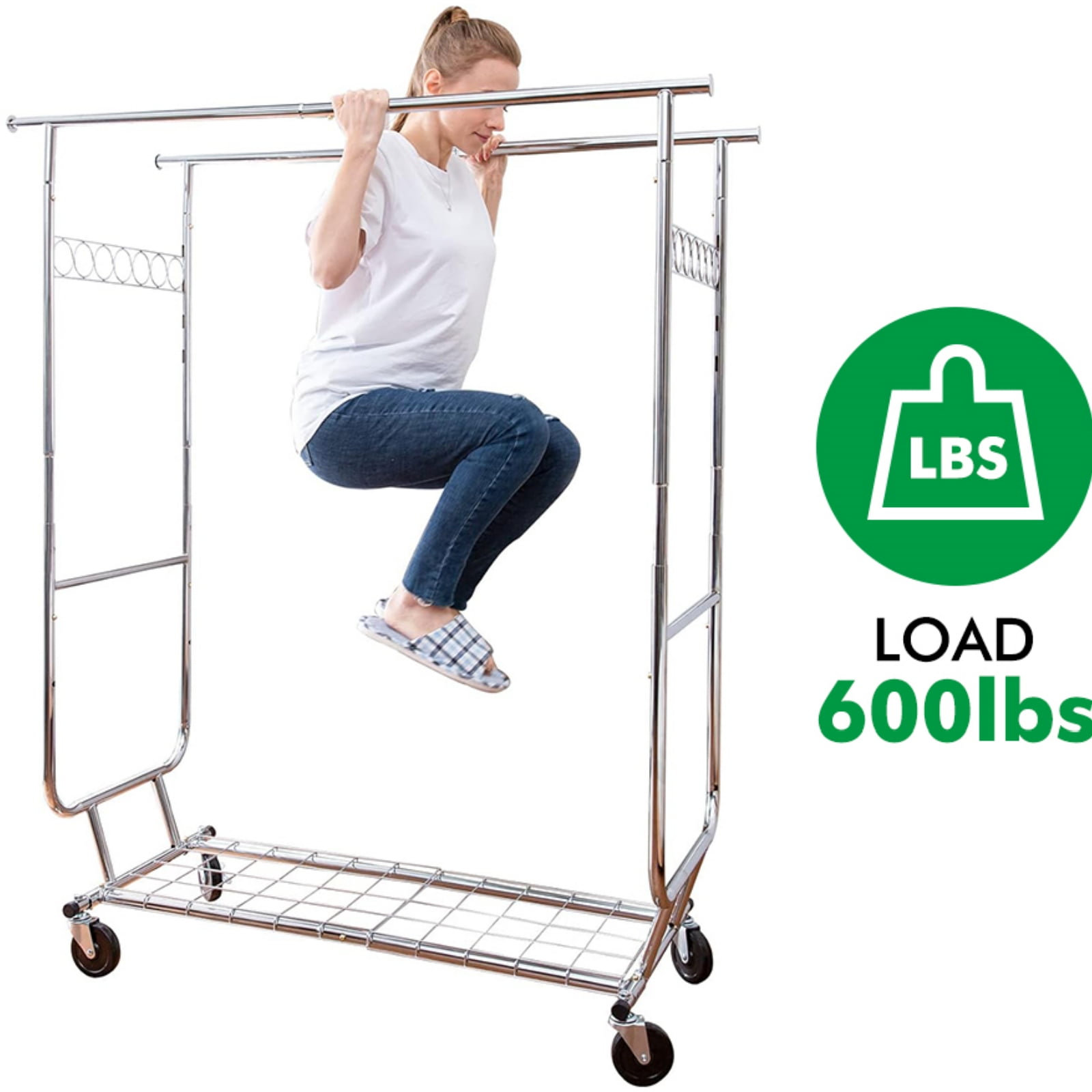Double Rail Clothes Rack on Wheels Clothing Garment Rack Commercial ...