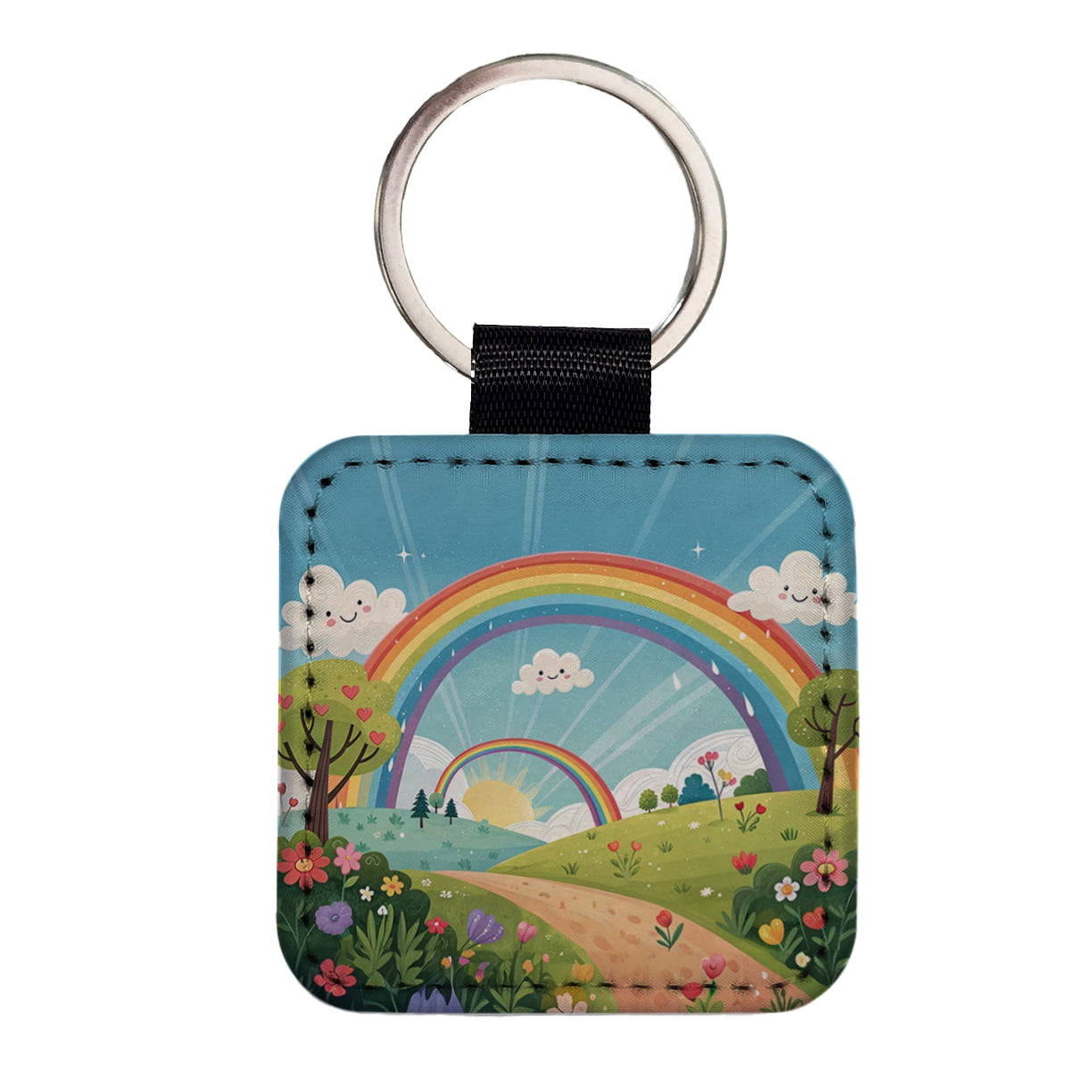 Double Rainbow Cartoon Illustration Faux Leather Square Keychain ...