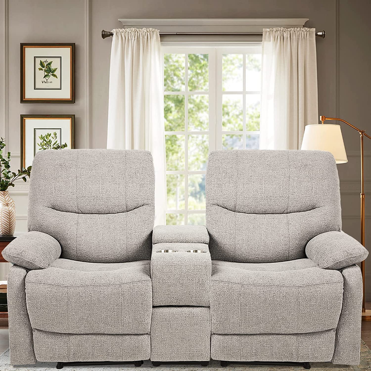 Fabric Double Recliner Loveseat with Console, Home Theater Seating ...