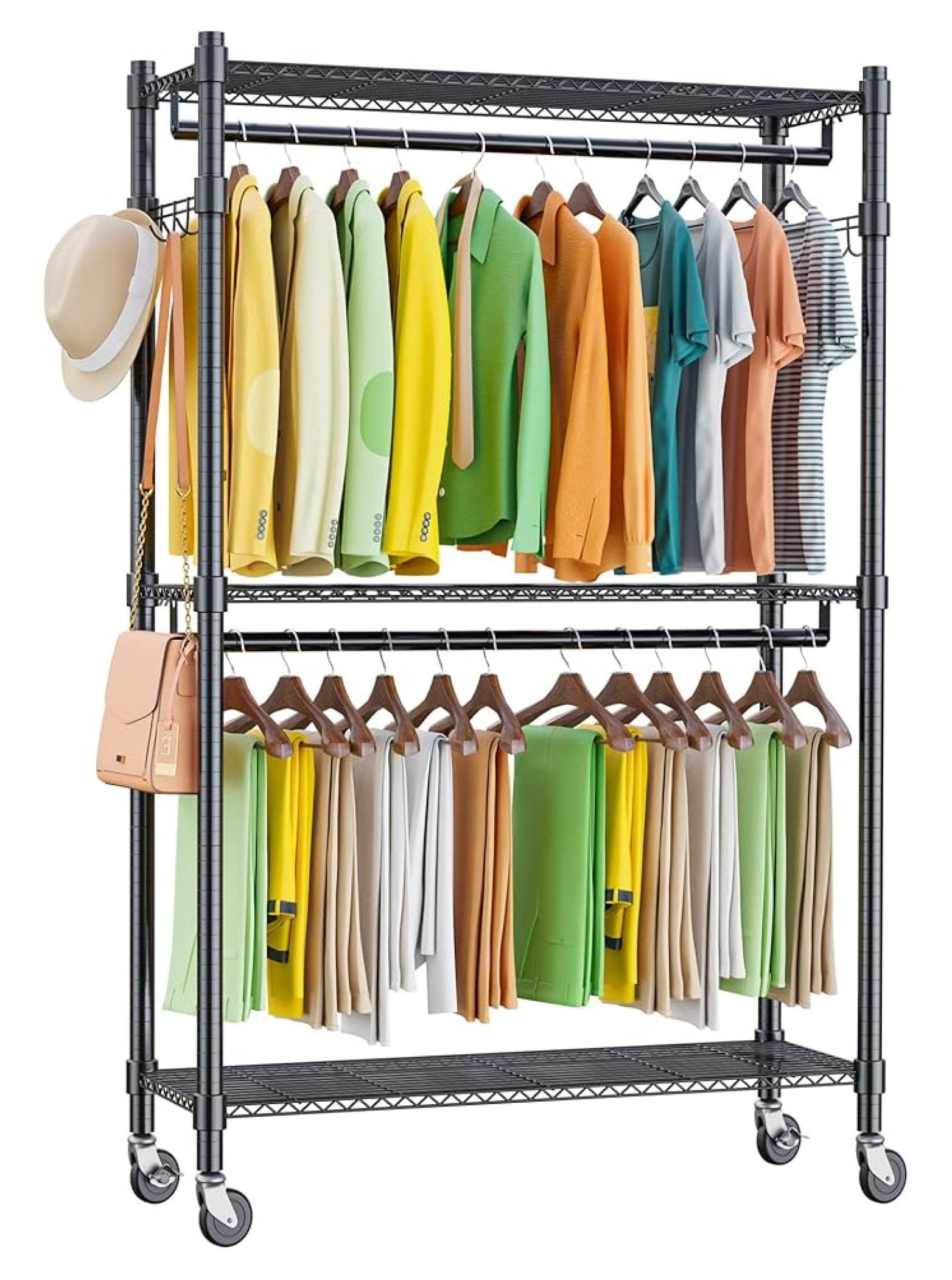 Double Rod Closet 3 Shelves Wire Shelving Clothing Rolling Rack Heavy ...