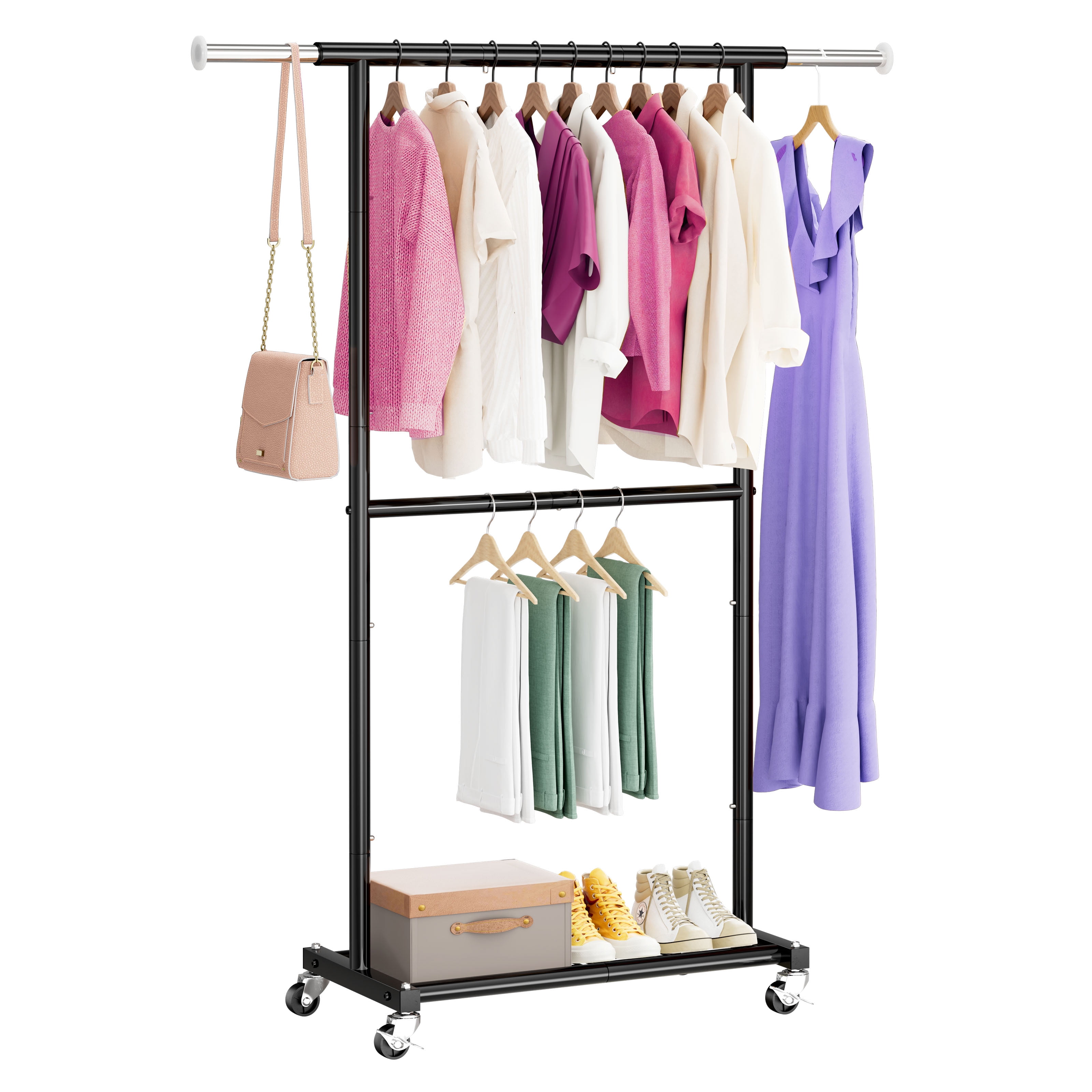 Double Rod Clothes Hanger Rack with Adjustable Rod and Wire Storage ...