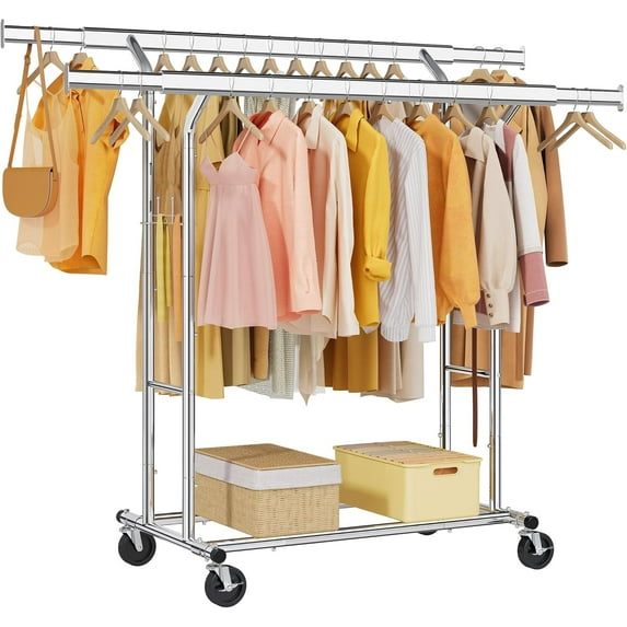 Double Rod Clothes Rack 480 LBS, Heavy Duty Clothing Rack with Wheels ...
