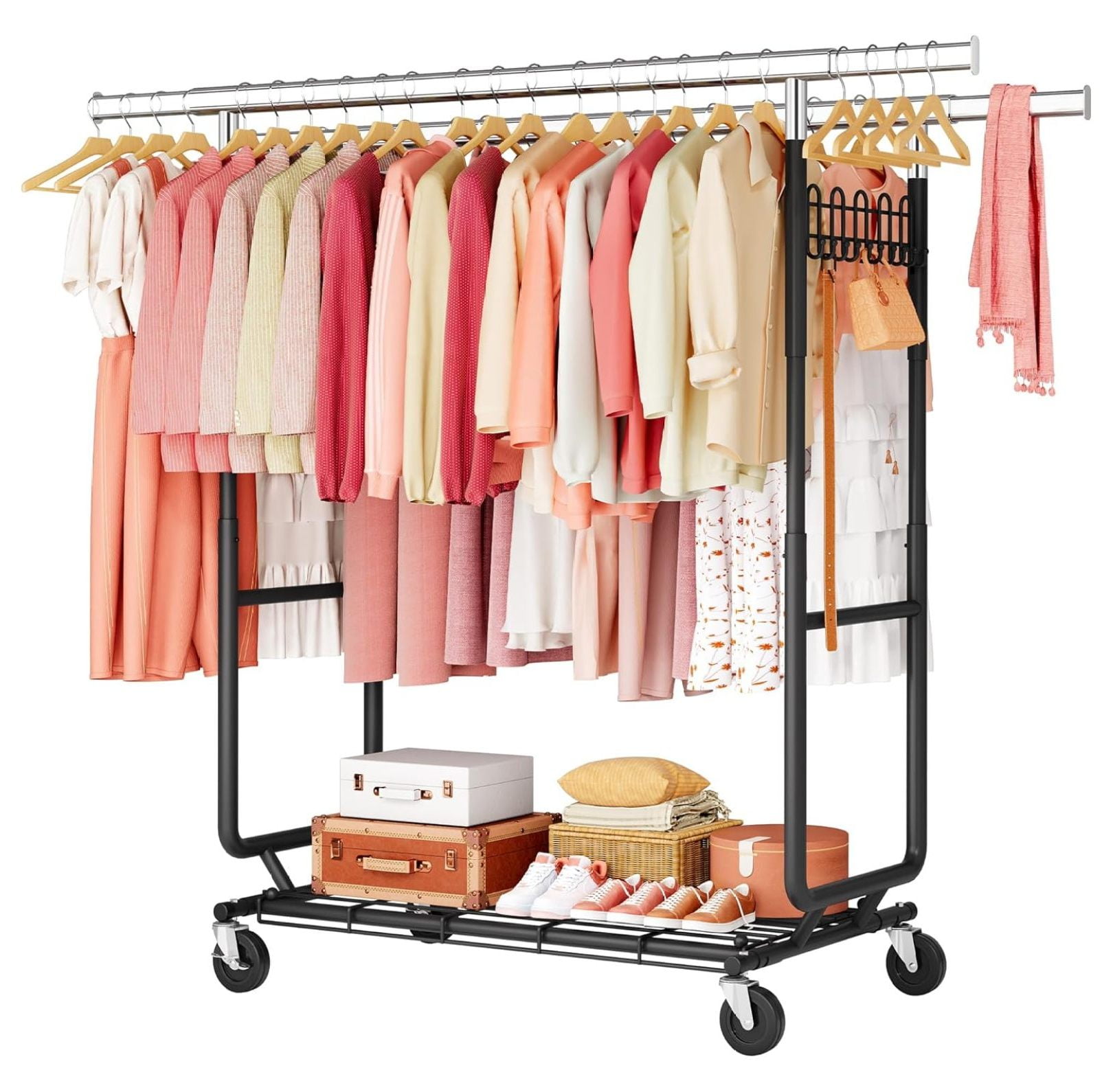 Double Rod Clothes Rack, Heavy Duty Rolling Garment Rack with Wheels ...