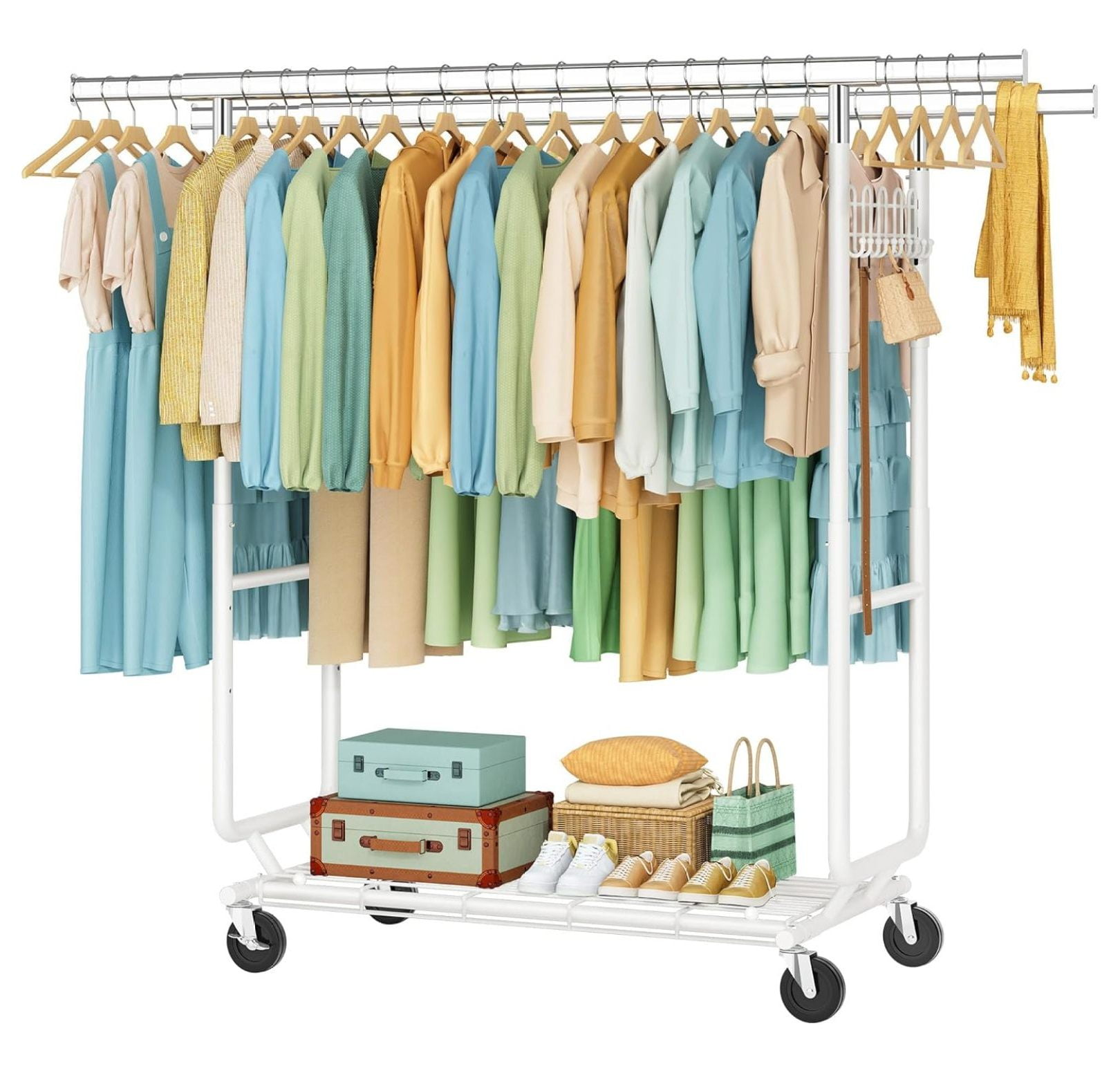 Double Rod Clothes Rack, Heavy Duty Rolling Garment Rack with Wheels ...