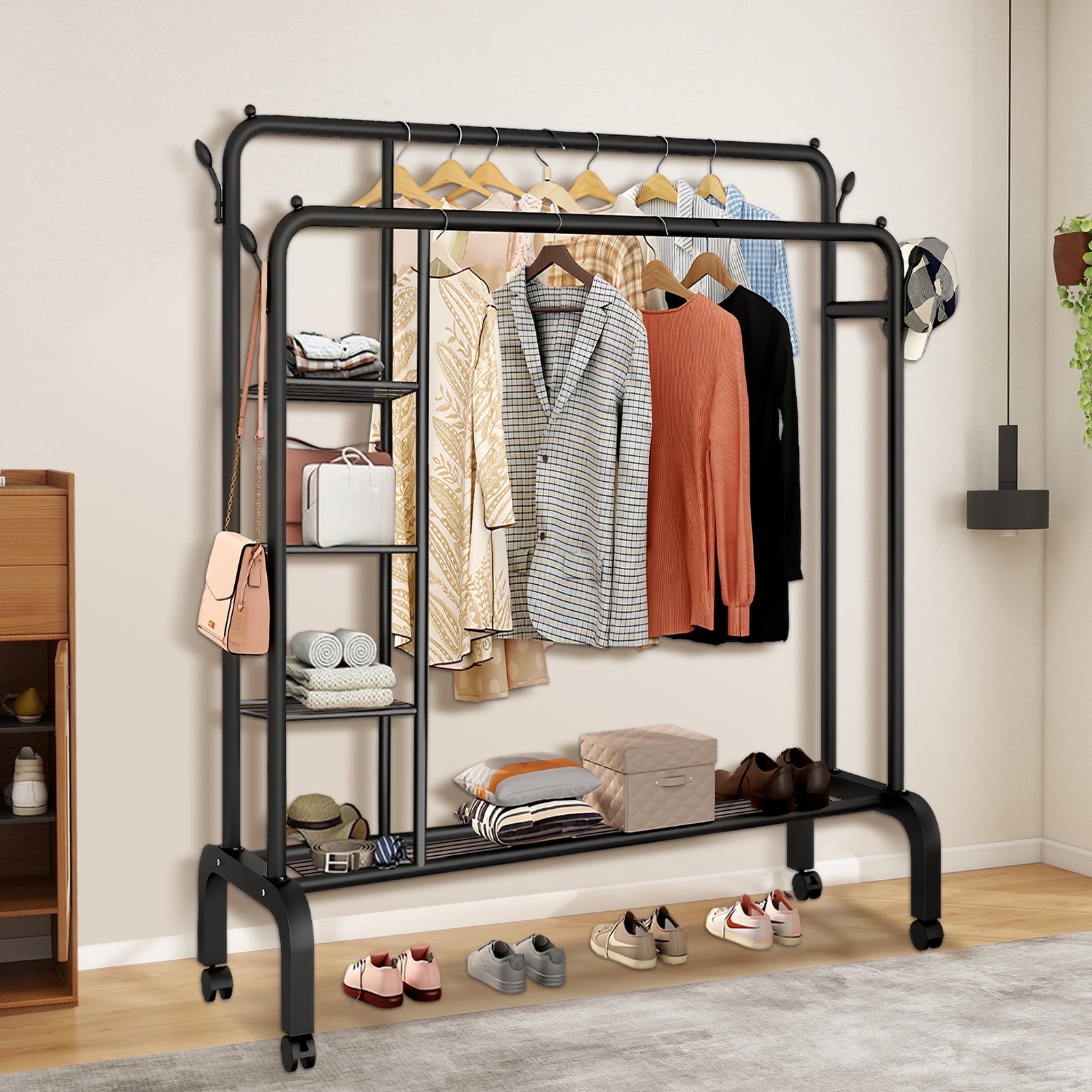 Double Rod Clothes Rack, Metal Freestanding Garment Rack with Wheels ...