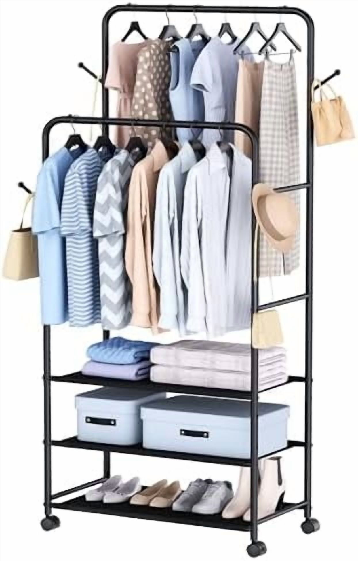 Double Rod Clothes Rack: Metal Rolling Clothing Racks for Hanging ...