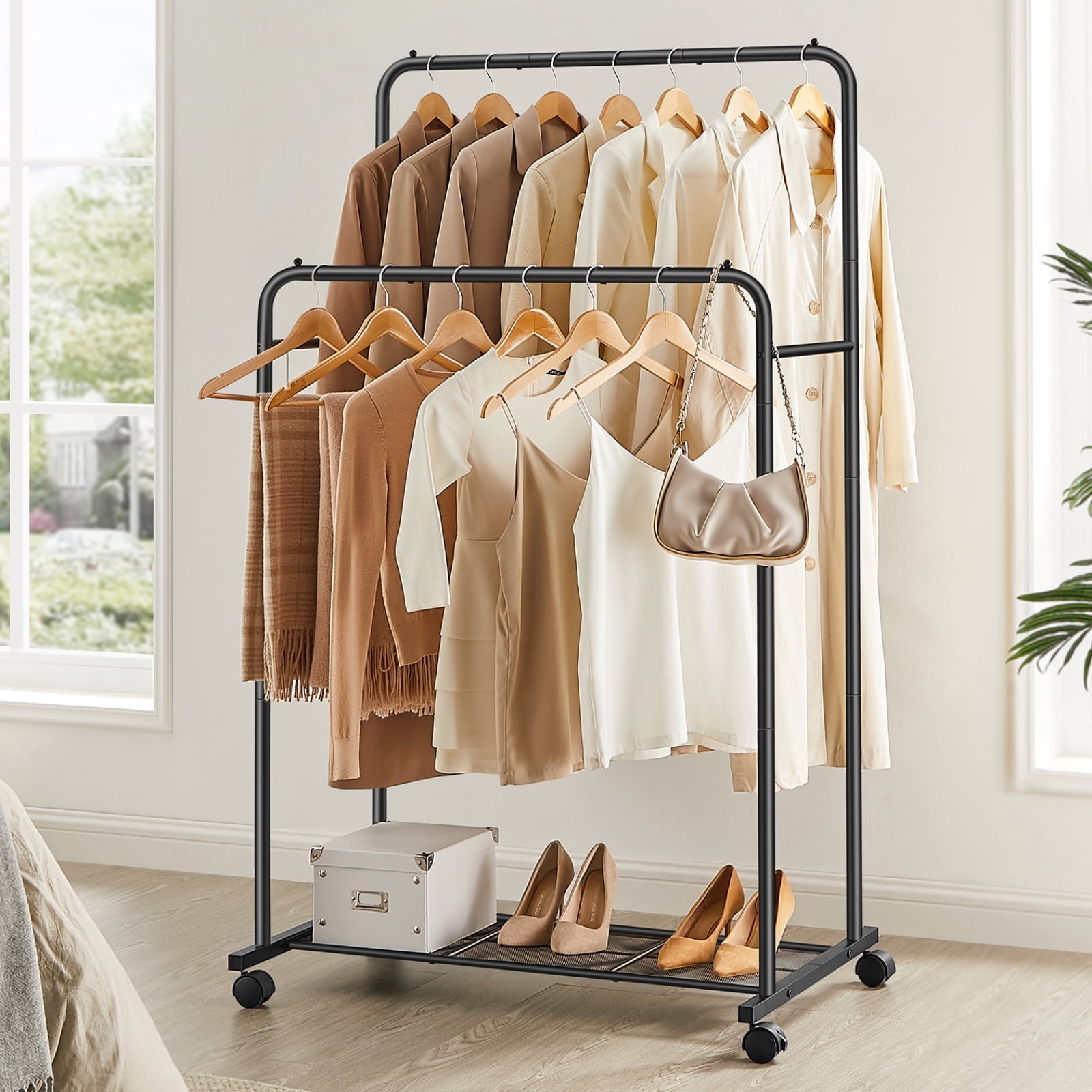 Double-Rod Clothes Rack with Wheels 44lb Load Capacity Garment Rack ...