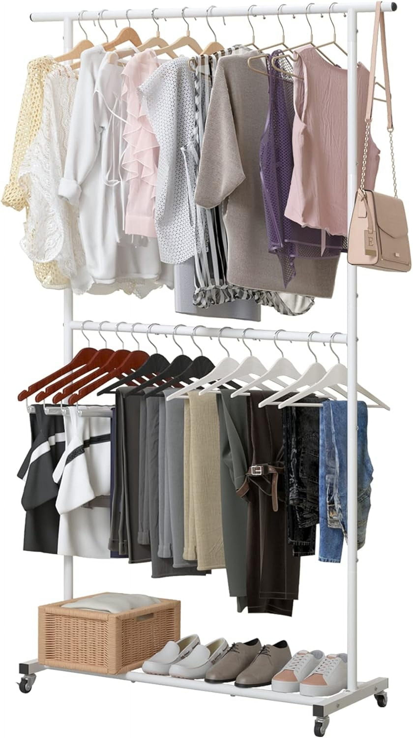 Double Rod Clothing Garment Rack, Rolling Clothes Organizer on Wheels ...