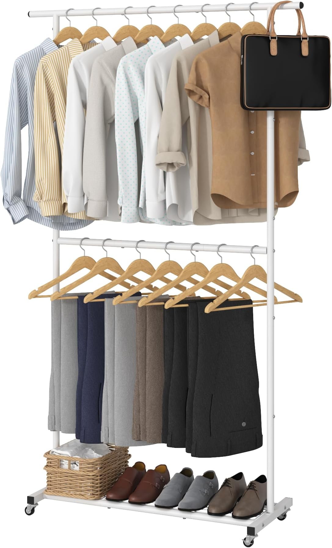 Double Rod Clothing Garment Rack, Rolling Coat Hanger with Bottom Mesh ...