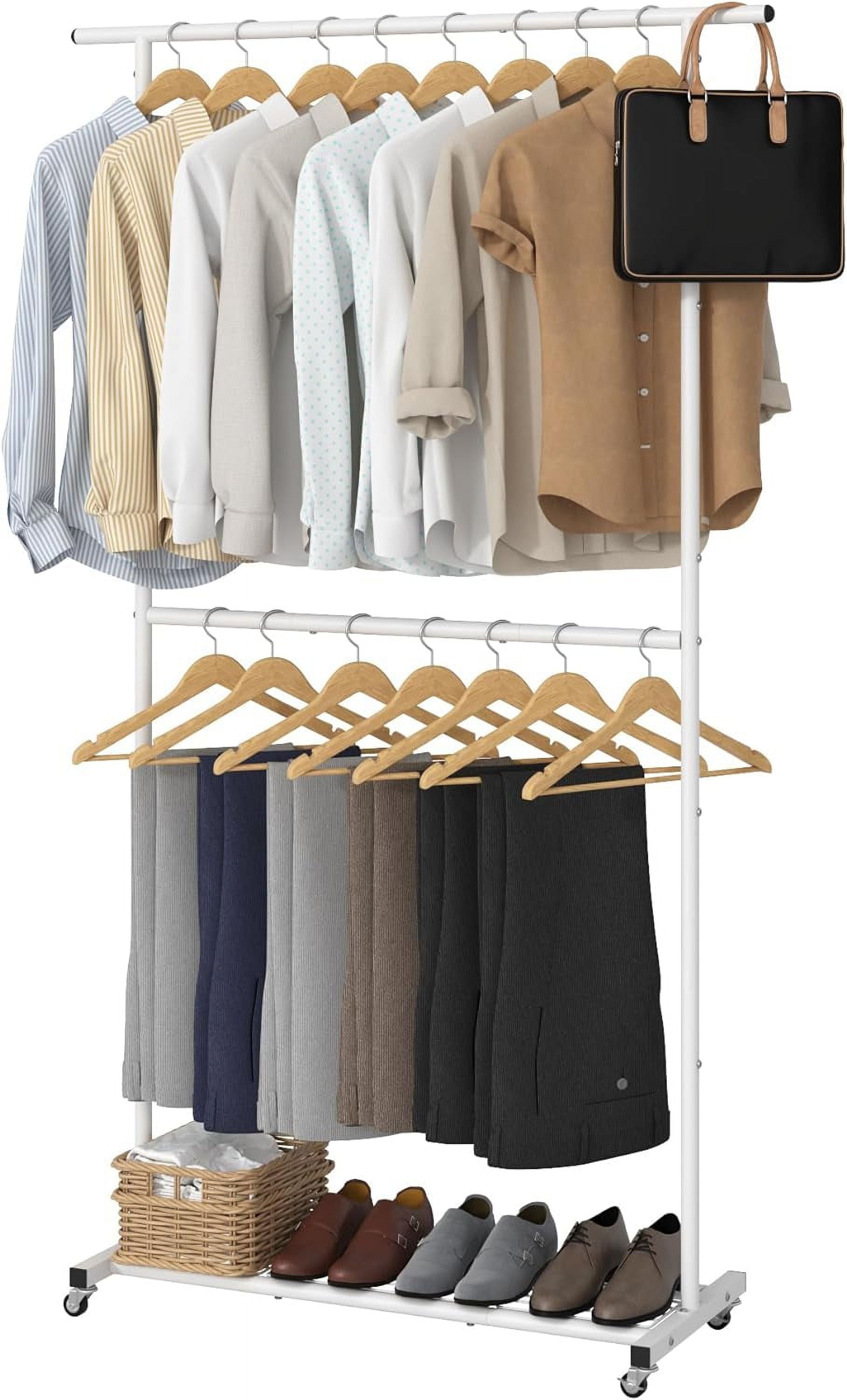 Double Rod Clothing Garment Rack, Rolling Coat Hanger with Bottom Mesh ...