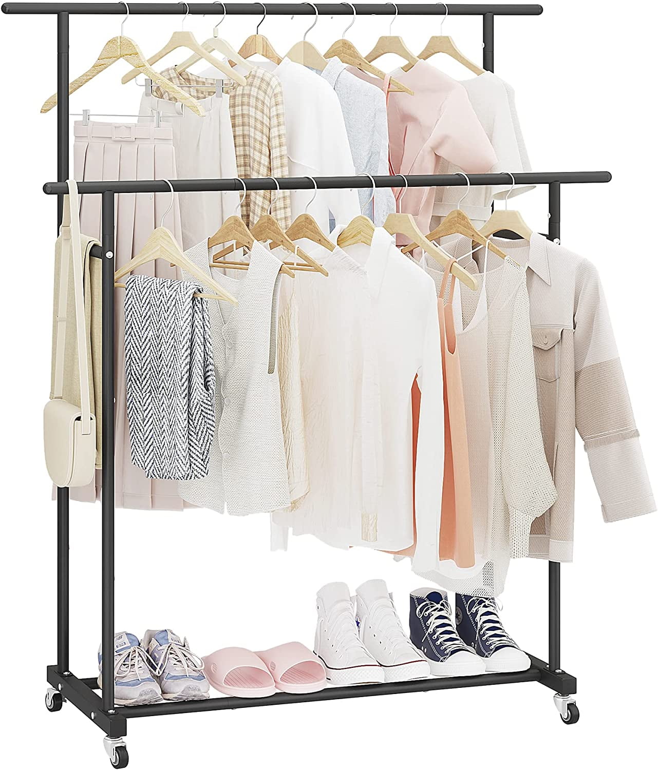 Double Rod Clothing Garment Rack,Rolling Hanging Clothes Rack,Portable ...