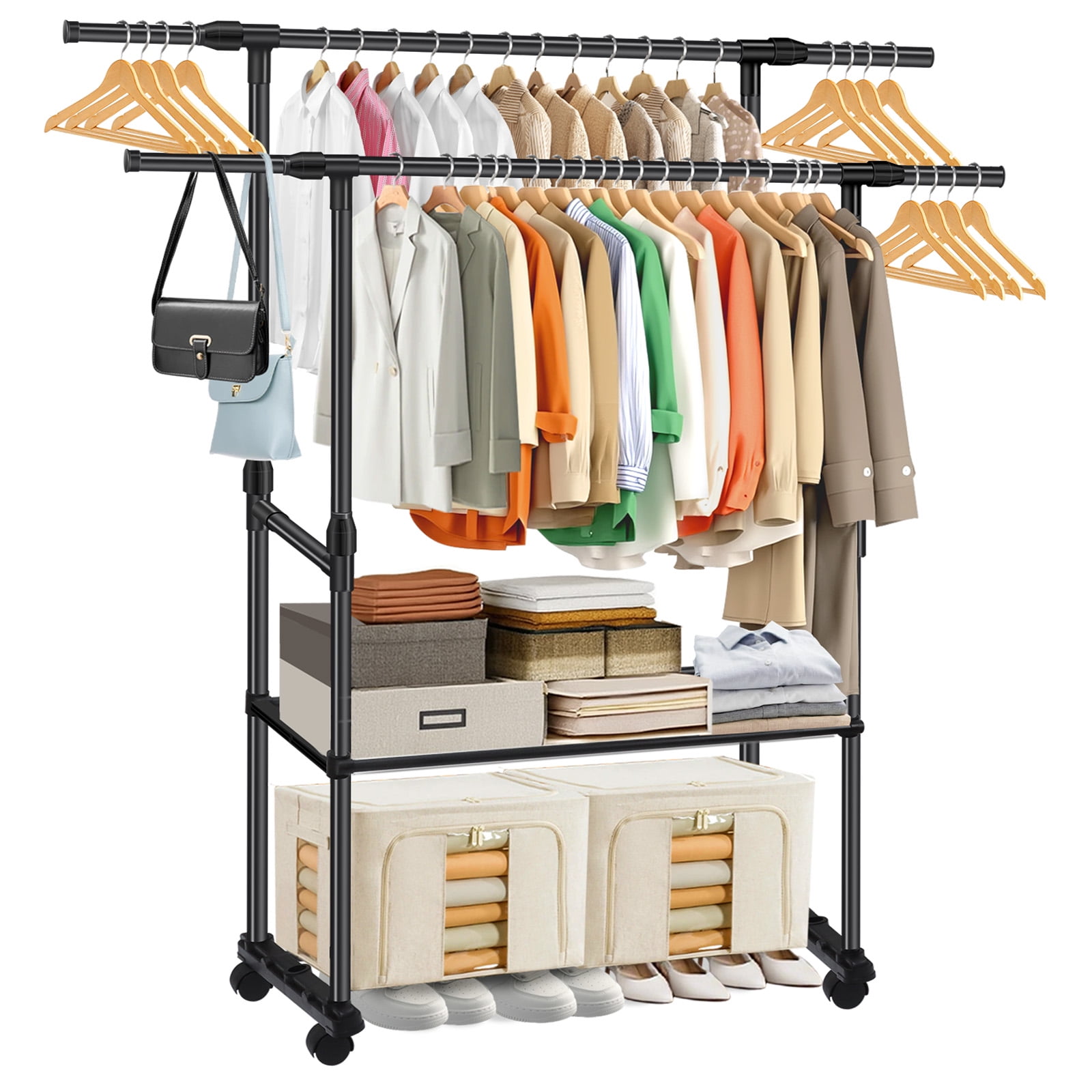 Double Rod Clothing Garment Rack,Rolling Hanging Clothes Rack,Portable ...
