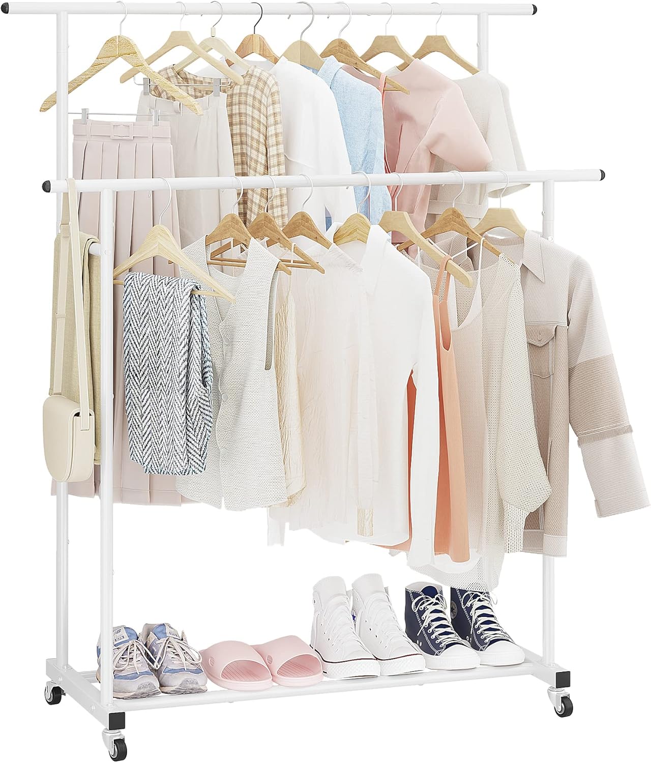 Double Rod Clothing Garment Rack,Rolling Hanging Clothes Rack,Portable Clothes Organizer for ...