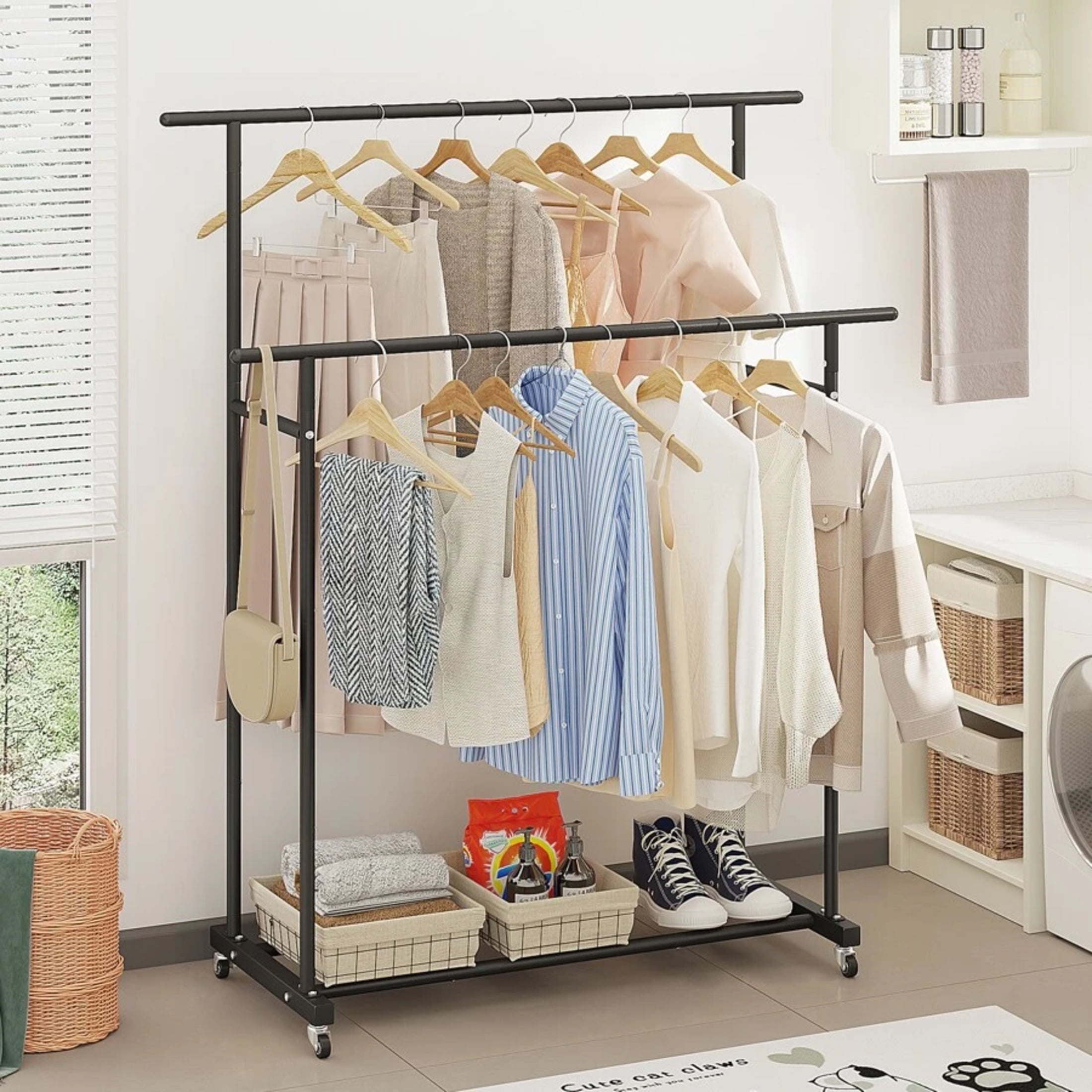Double Rod Clothing Garment Rack,Rolling Hanging Clothes Rack,Portable ...