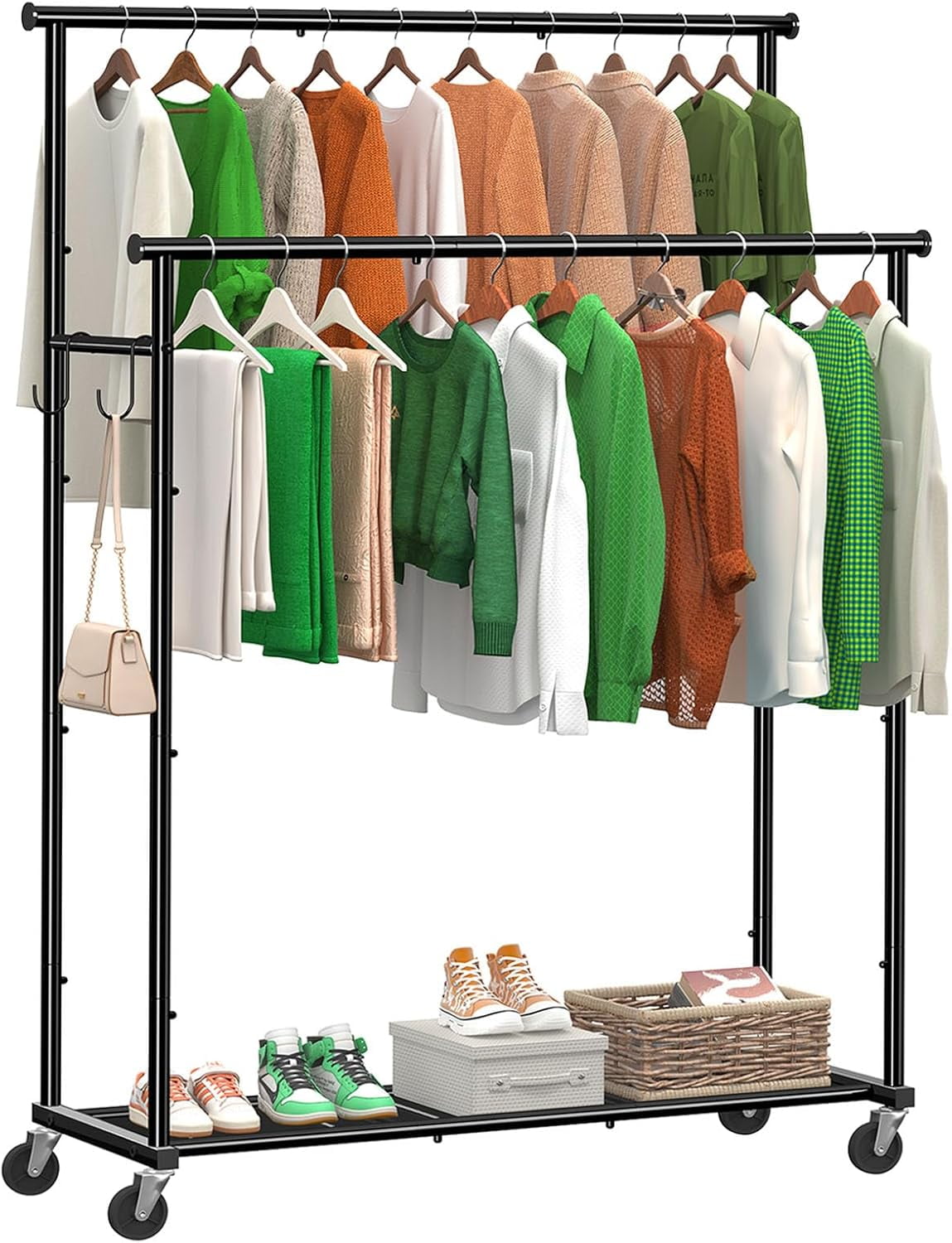 Double Rod Clothing Garment Rack on Wheels, 45 Inches Clothes Rack with ...