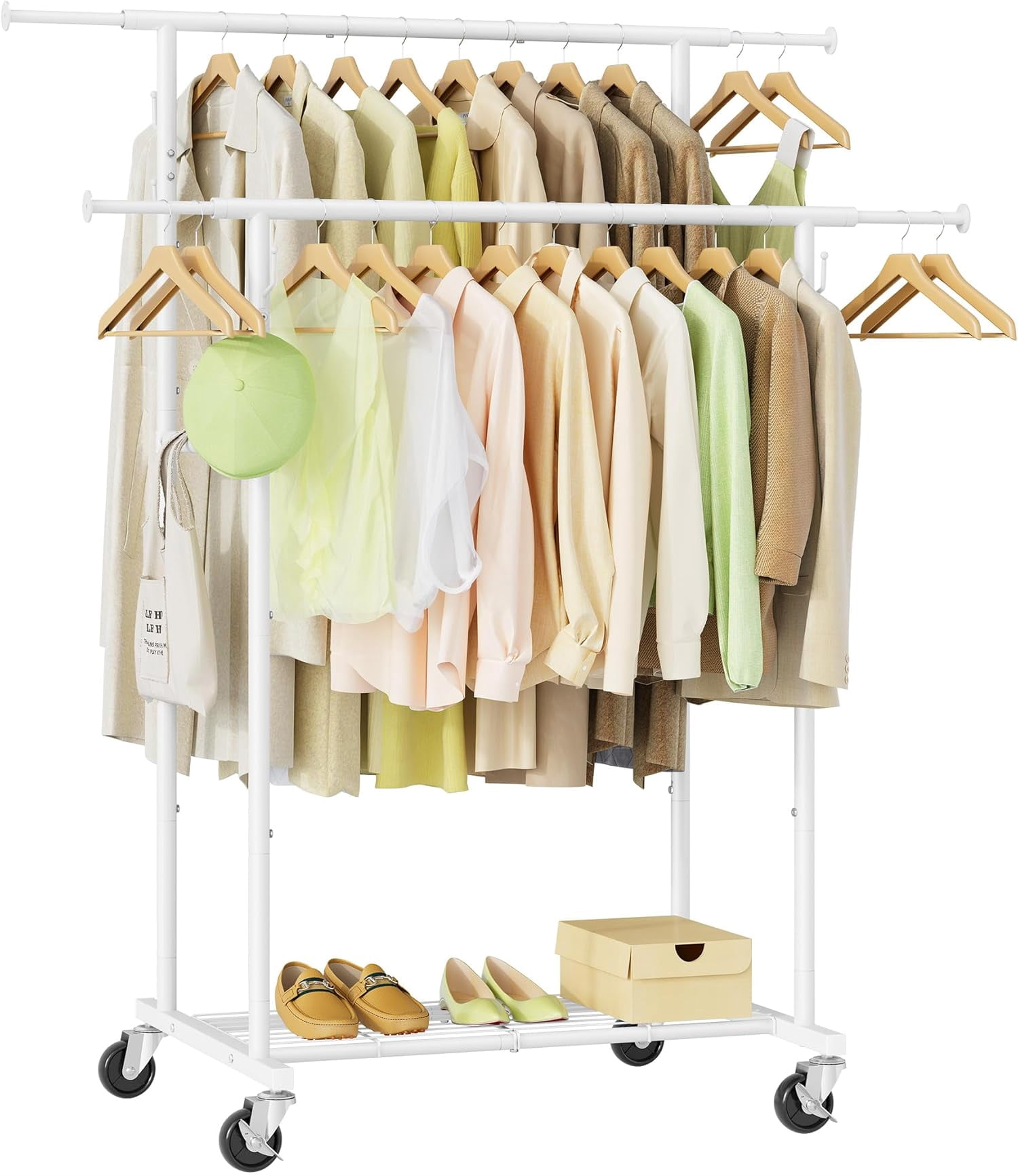 Double Rod Garment Rack, Heavy Duty Rolling Clothes Rack with Wheels ...