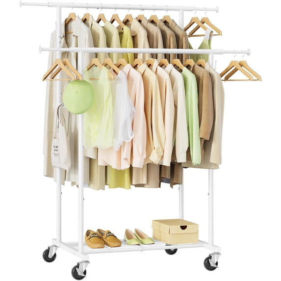 Double Rod Garment Rack, Heavy Duty Rolling Clothes Rack with Wheels ...