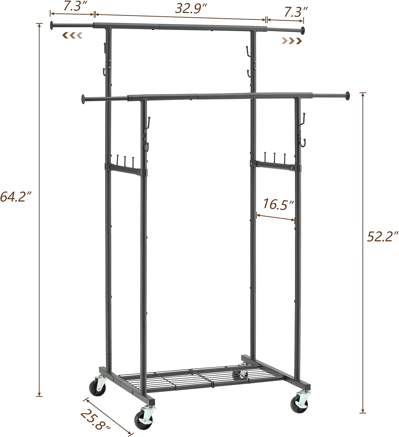 Double Rod Garment Rack with Wheels, Heavy Duty Rolling Clothes Rack ...