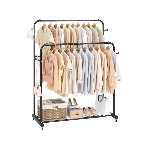 Double Rod Garment Rack with Wheels & 4 Hooks，Black Mobile Clothing ...