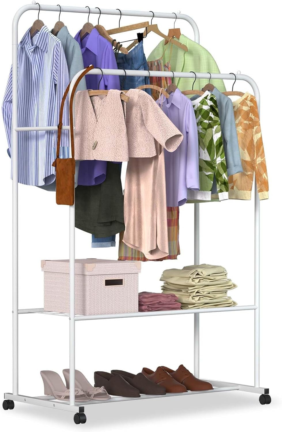 Double Rod Garment Rack with Wheels, Heavy Duty Clothing Racks for ...