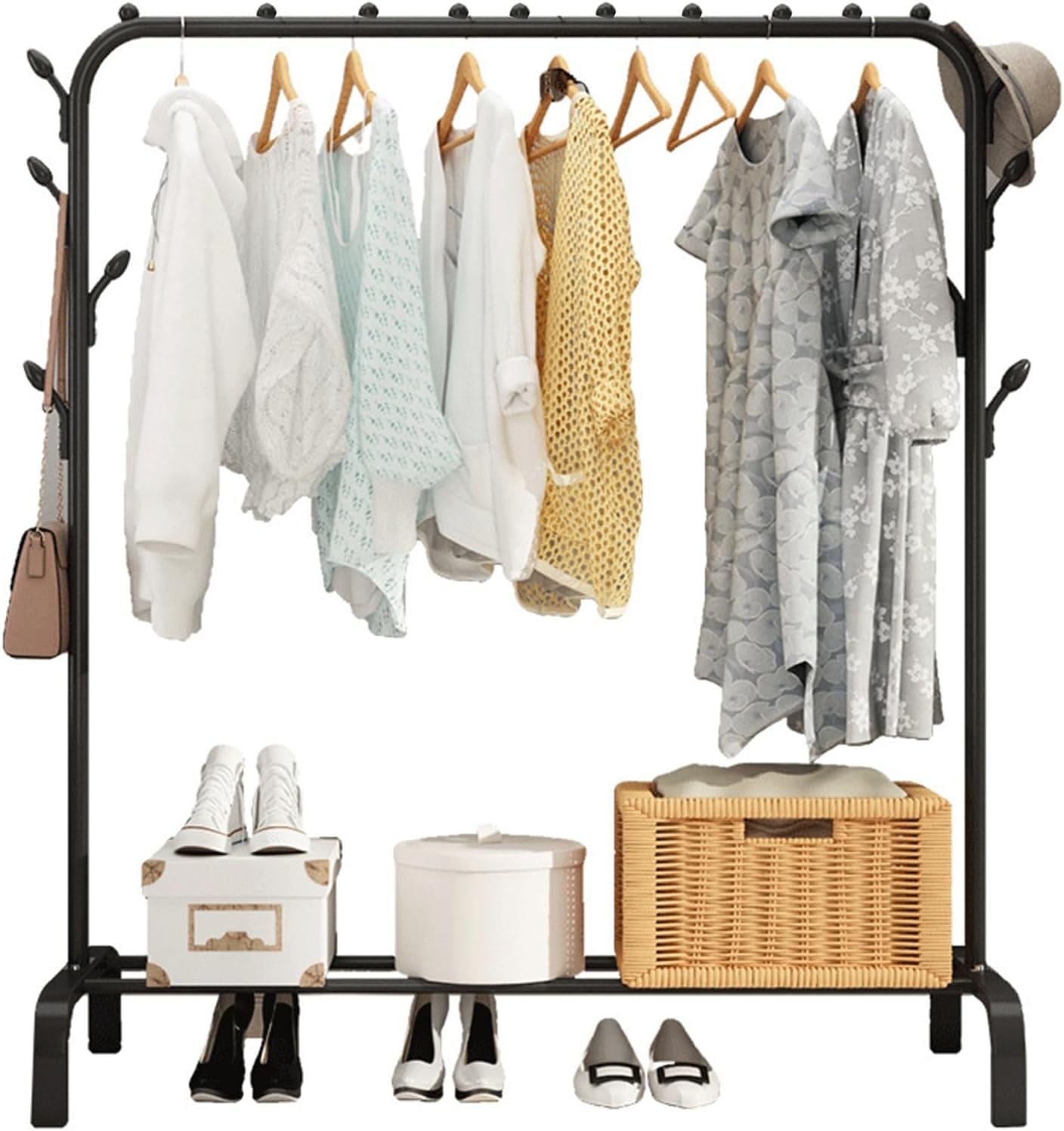 Double Rod Heavy-Duty Clothes Rack Wheels & Hooks,Freestanding Garment ...