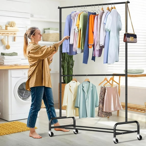Double Rod Heavy Duty Clothes Racks for Hanging Clothes, Metal Rolling ...