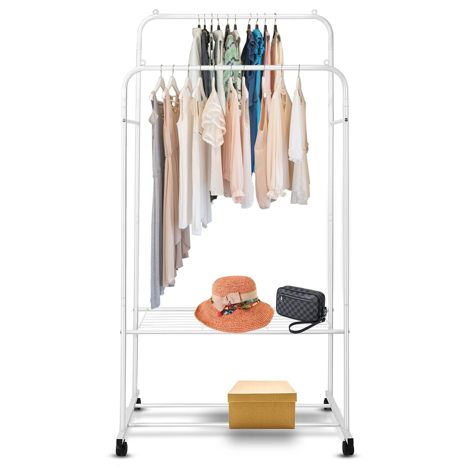 Double Rod Portable Clothing Hanging Garment Rack with Wheels - Walmart.com