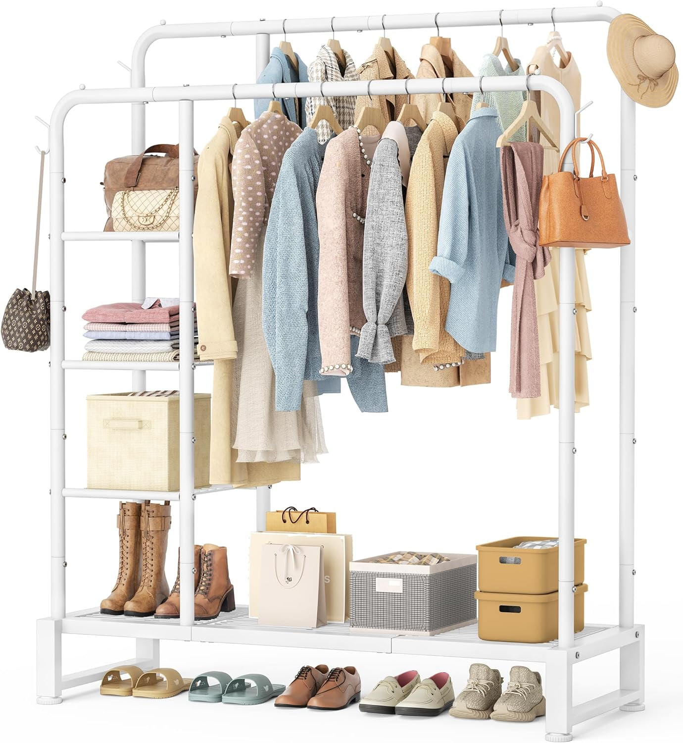 Double Rods Clothes Rack Clothing Rack with 4 Tier Storage Shelves ...
