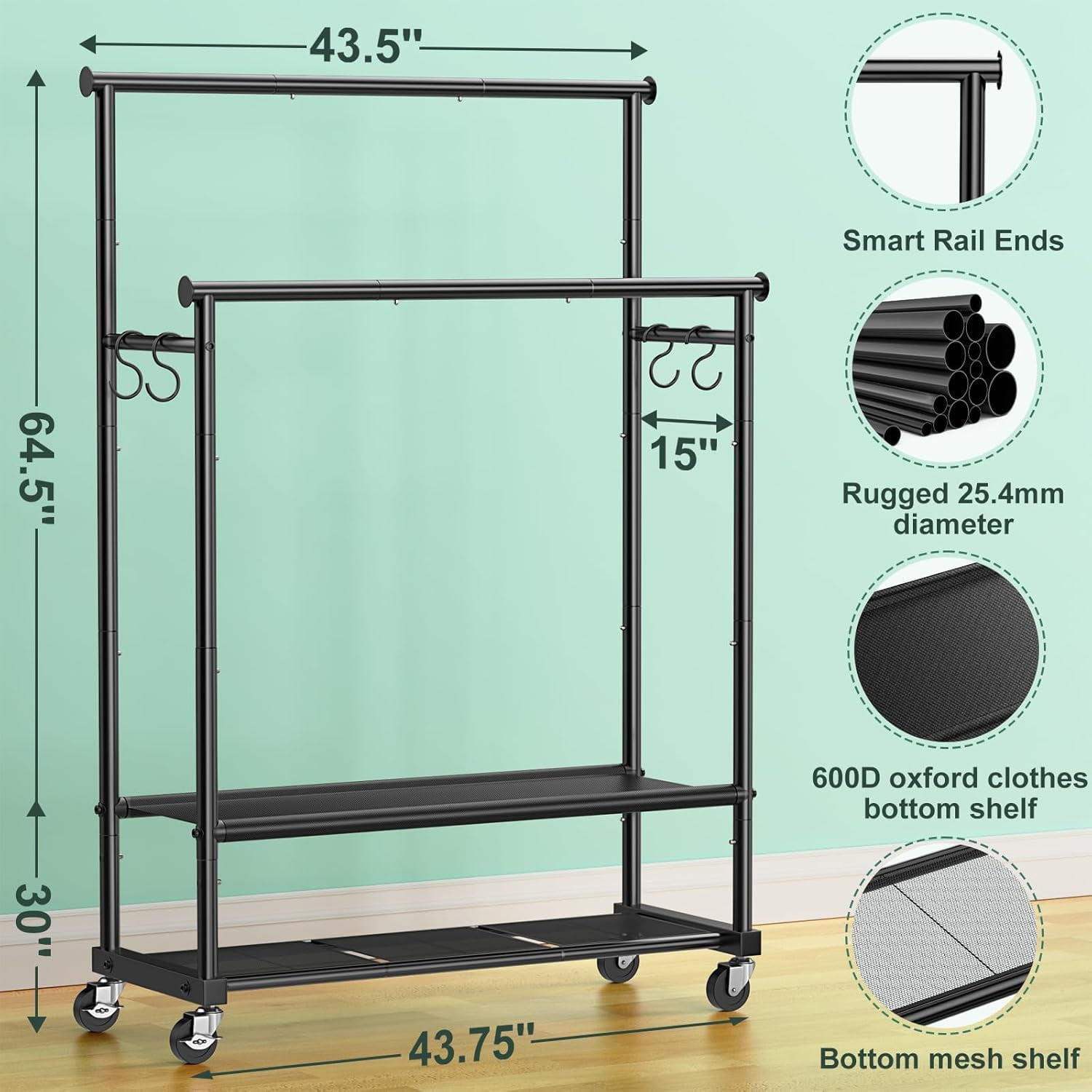 Double Rods Clothes Rack for Hanging Clothes, Heavy Duty Rolling ...