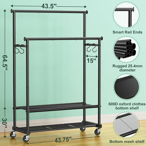 Double Rods Clothes Rack for Hanging Clothes, Heavy Duty Rolling ...