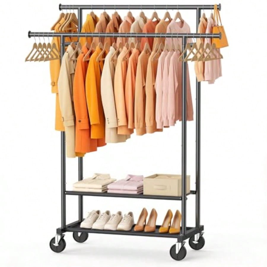 Double Rods Clothes Rack Rolling Clothing Rack for Hanging Clothes ...