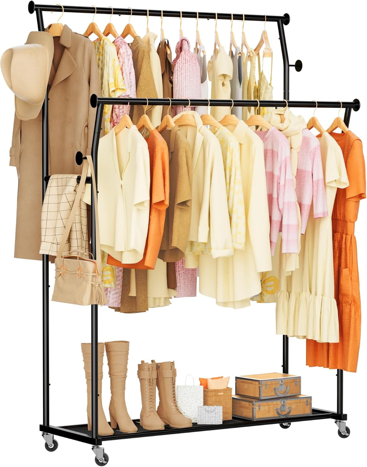Double Rods Clothes Rack, Rolling Clothing Rack for Hanging Clothes ...