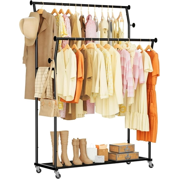 Double Rods Clothes Rack, Rolling Clothing Rack for Hanging Clothes ...
