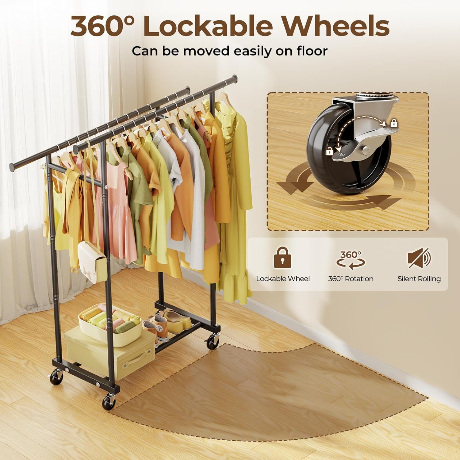 Double Rods Clothes Rack, Rolling Clothing Rack for Hanging Clothes ...