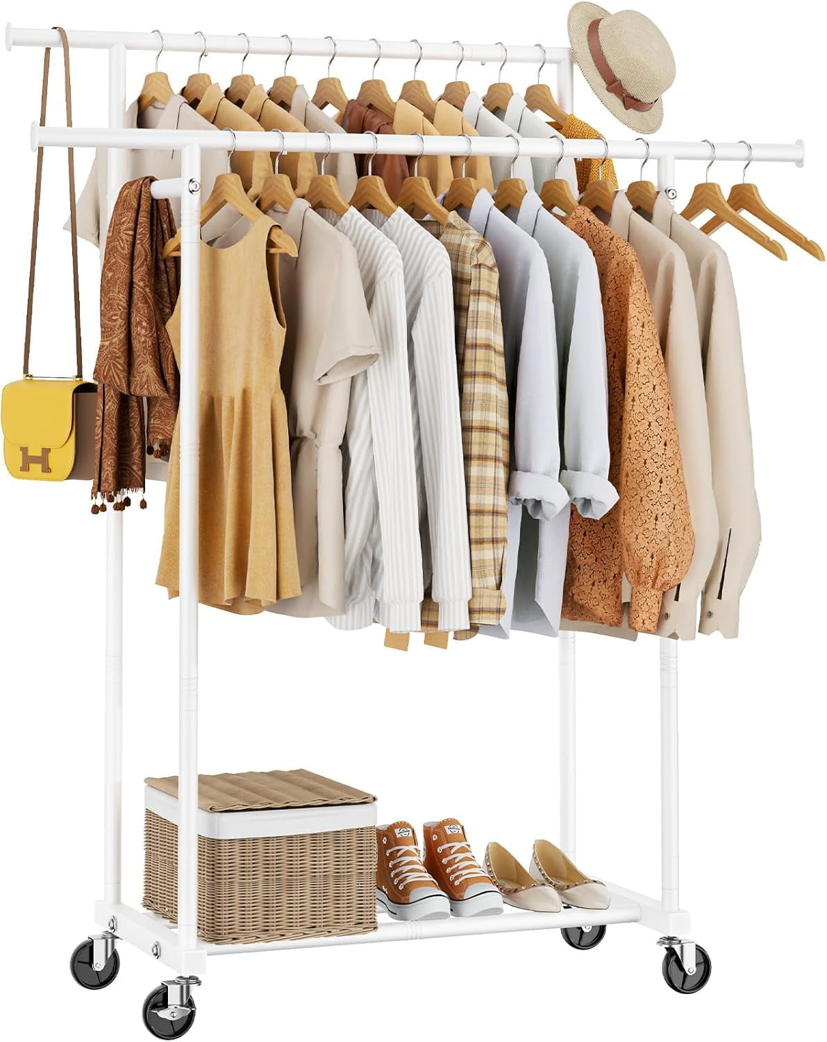 Double Rods Clothes Rack, Rolling Clothing Rack for Hanging Clothes ...