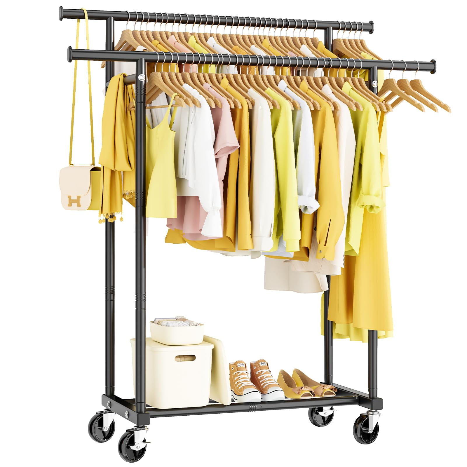 Double Rods Clothes Rack, Rolling Clothing Rack for Hanging Clothes ...