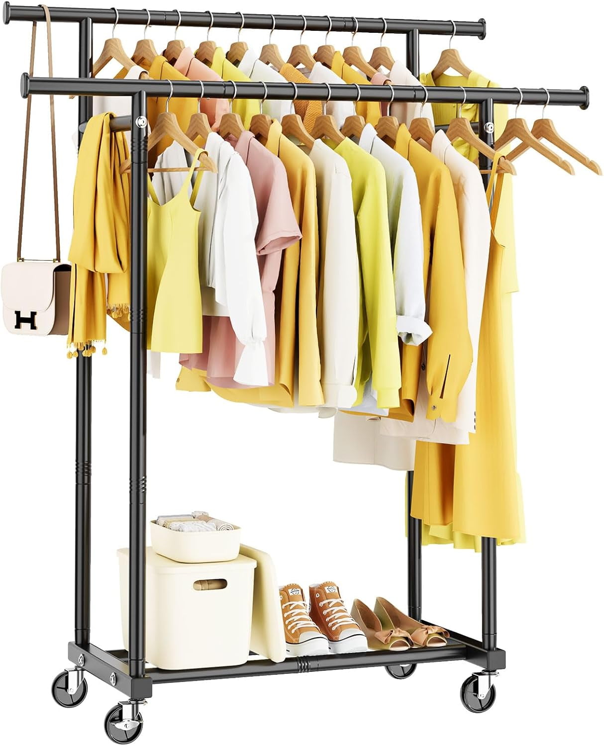 Double Rods Clothes Rack, Rolling Clothing Rack for Hanging Clothes ...