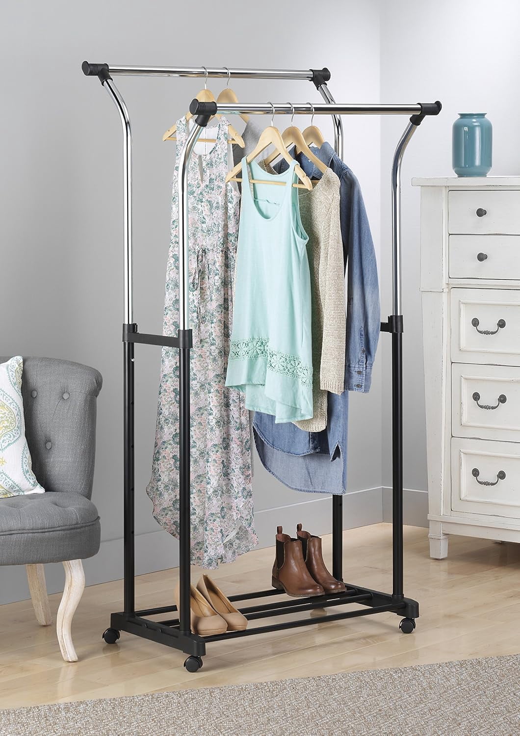 Double Rods Clothes Rack, Rolling Clothing Rack for Hanging Clothes ...
