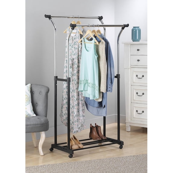 Double Rods Clothes Rack, Rolling Clothing Rack for Hanging Clothes ...
