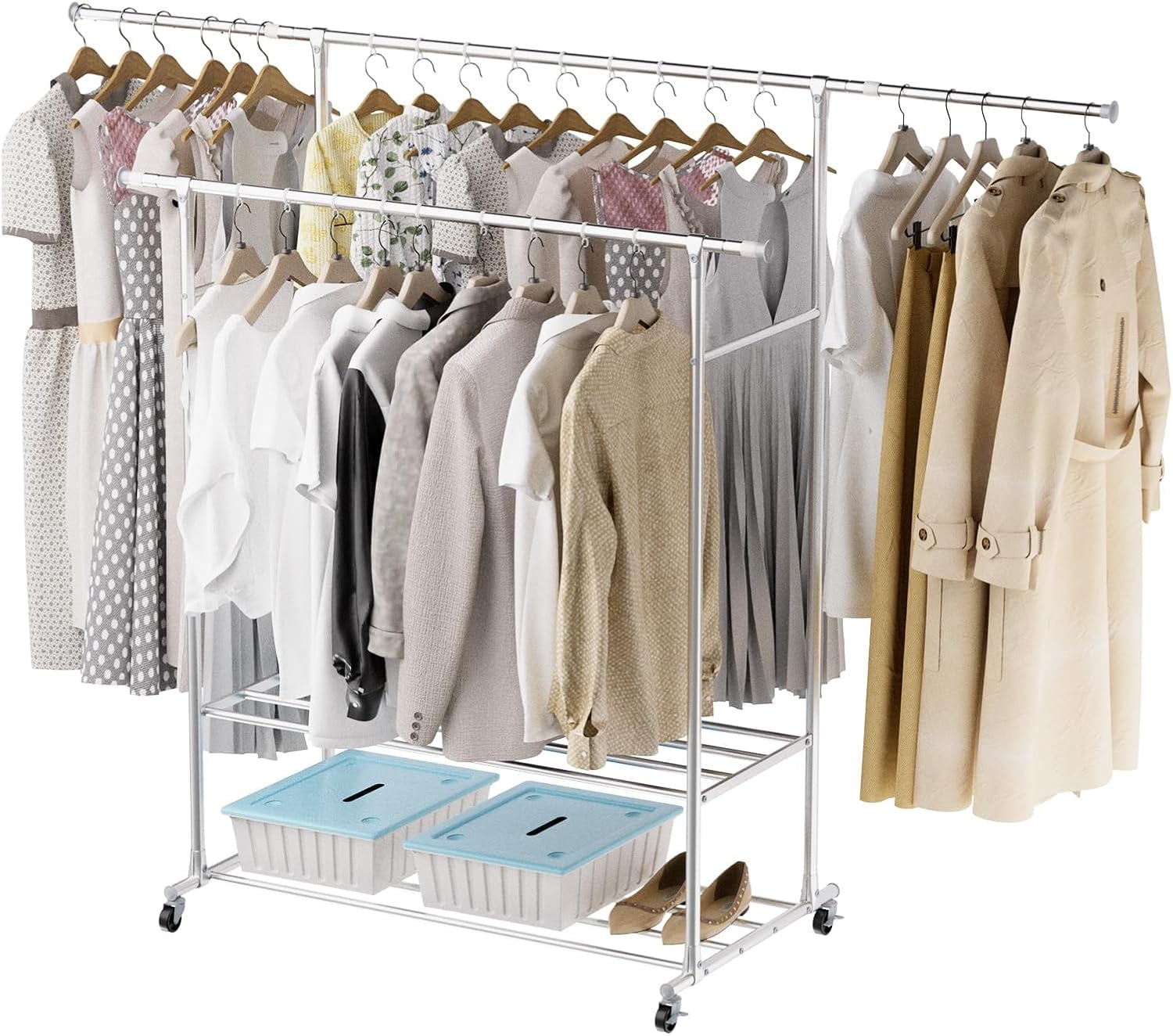 Double Rods Clothes Rack, Stainless Steel Heavy Duty Standing Rolling ...