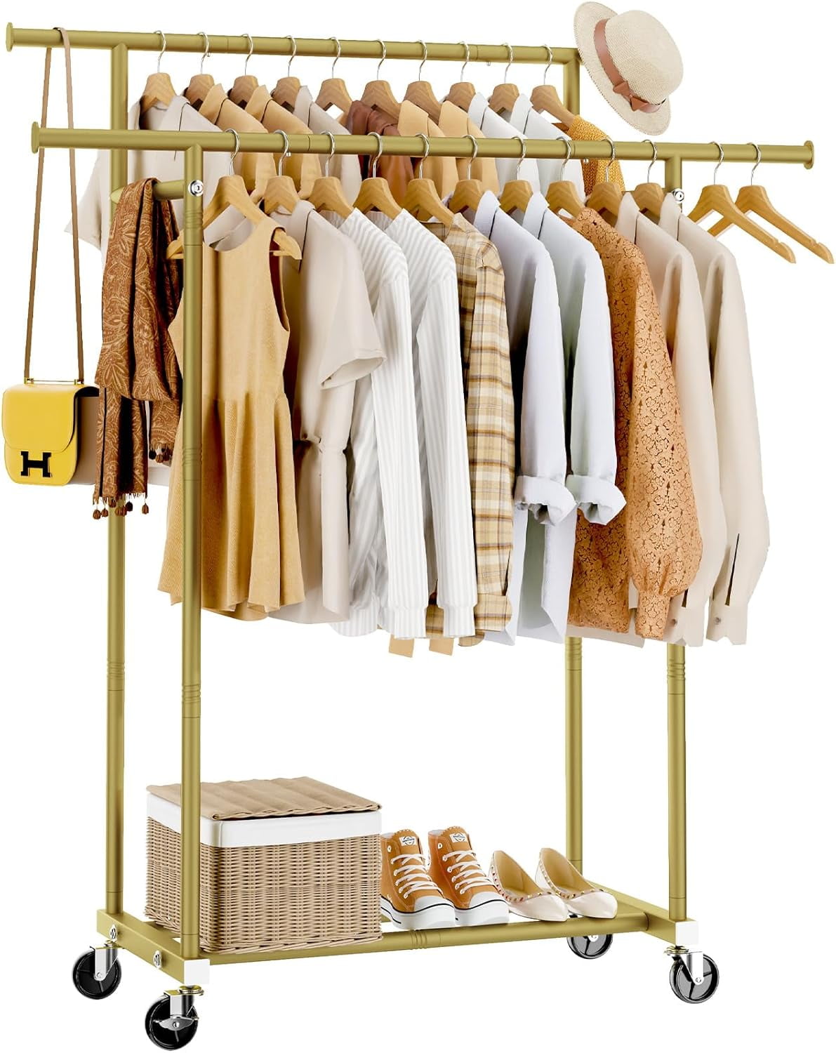 Double Rods Clothes Rack, Sturdy Rolling Clothing Rack, Portable ...
