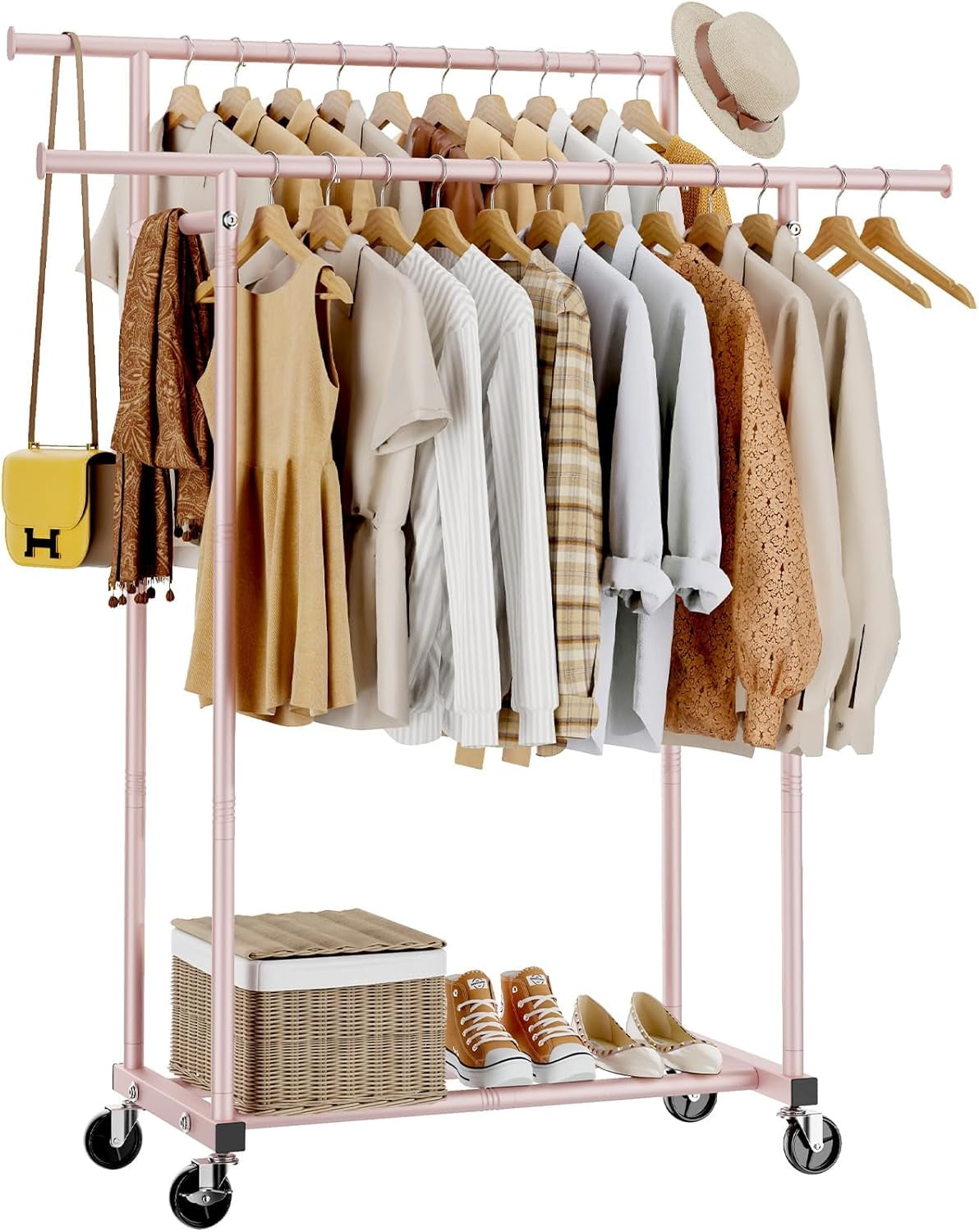 Double Rods Clothes Rack, Sturdy Rolling Clothing Rack, Portable ...
