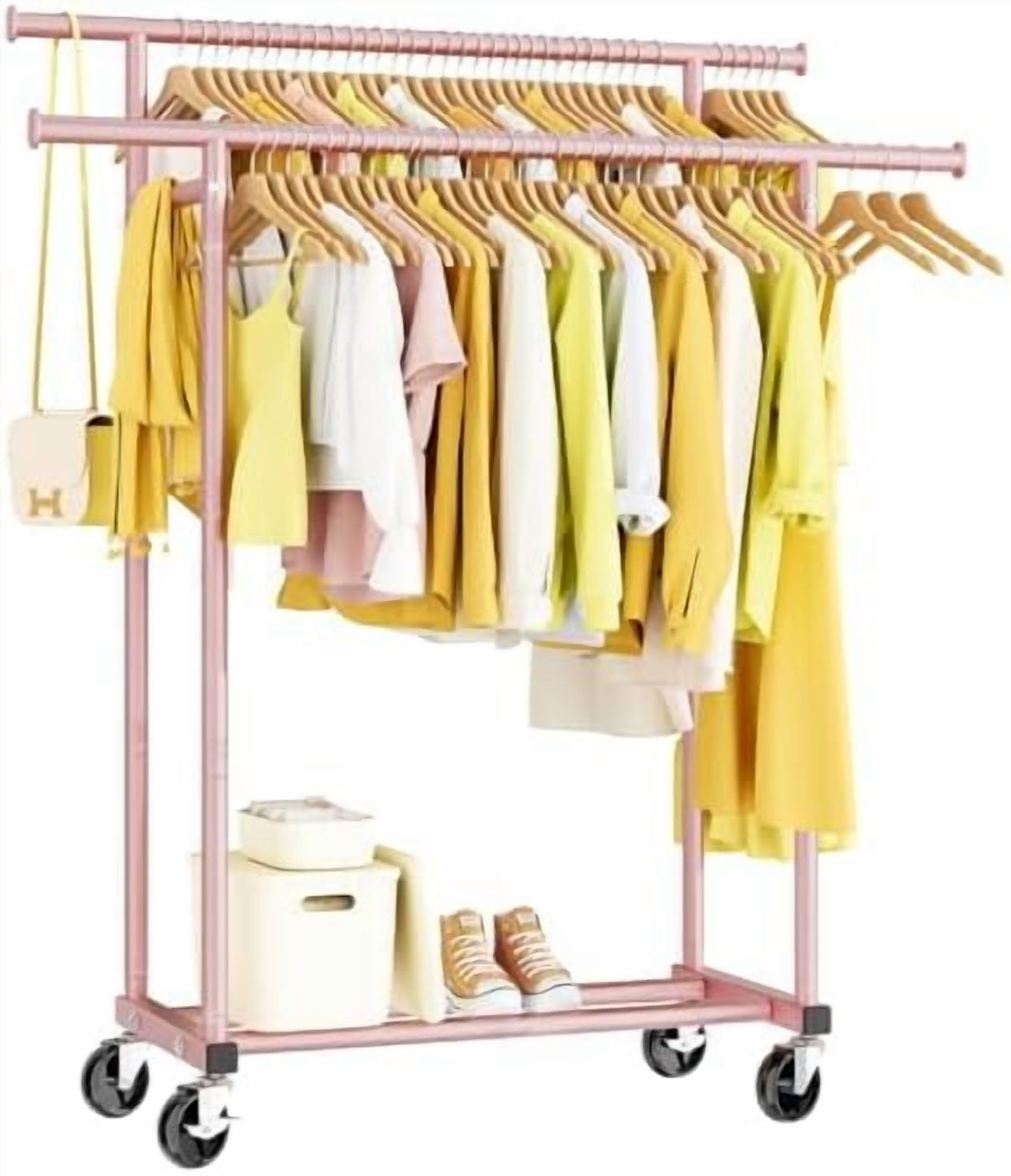 Double Rods Clothes Rack, Sturdy Rolling Clothing Rack, Portable ...